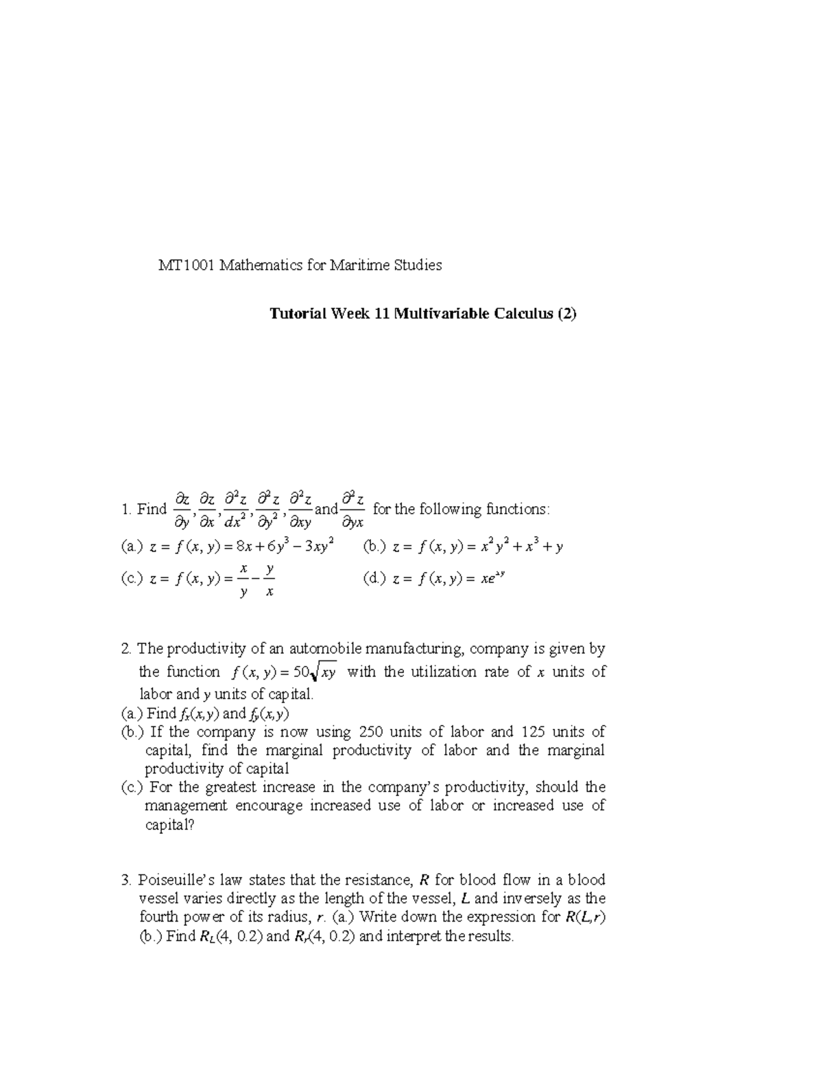 Tutorial Week 11 Mvcalculus 2 Mt1 0 01 Mathematics For Maritime