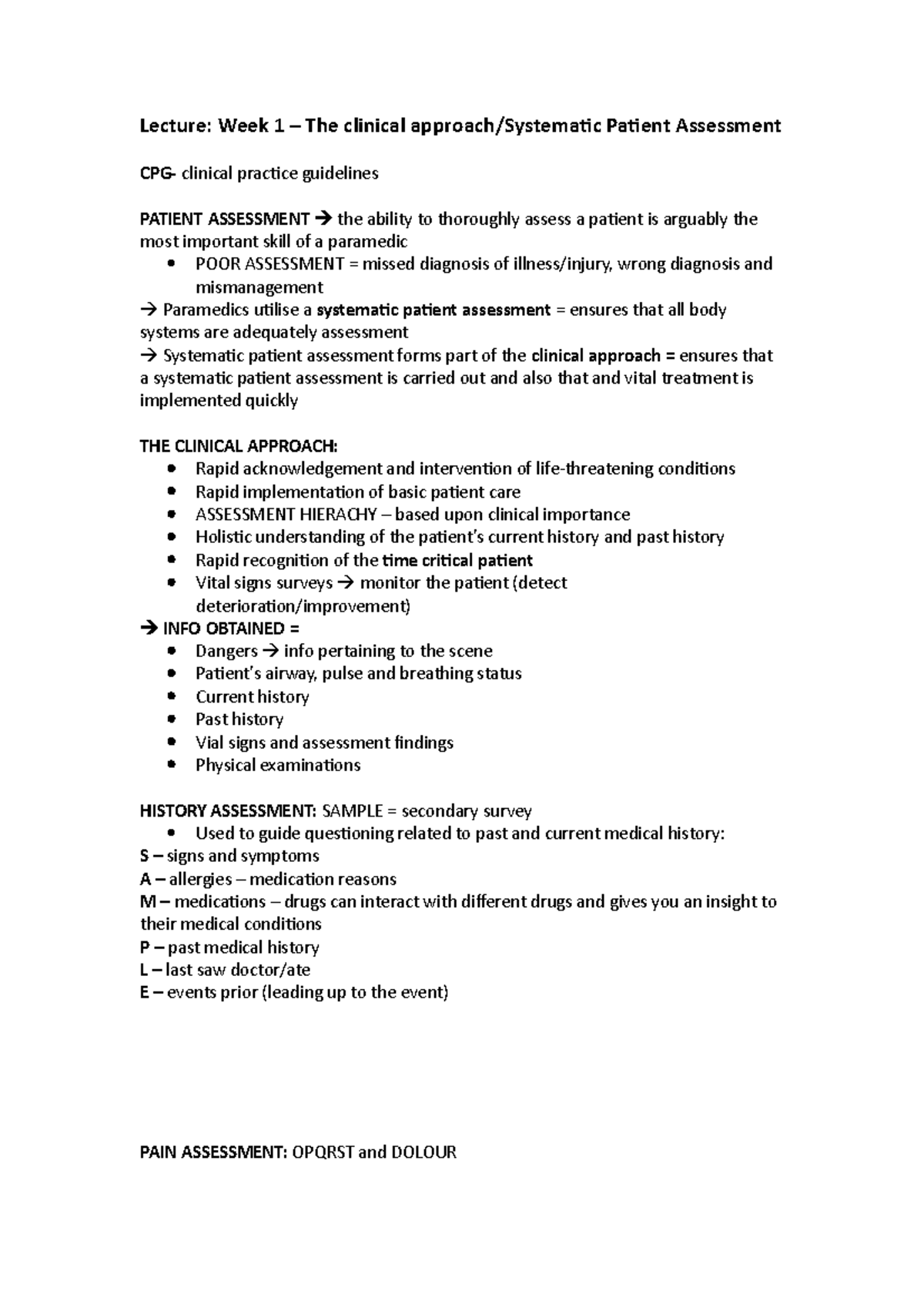 week 1 - lecture - Lecture: Week 1 – The clinical approach/Systematic ...