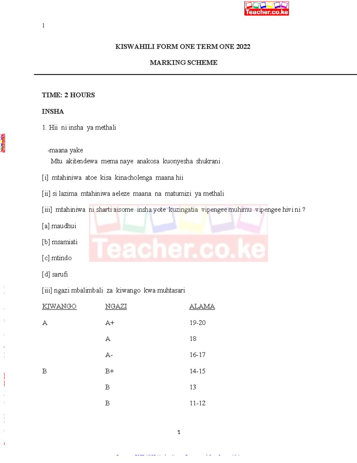 Kiswahili FORM ONE TERM 1 MS 2022 END TERM 1 Teacher - KISWAHILI FORM ONE TERM ONE 2022 MARKING ...