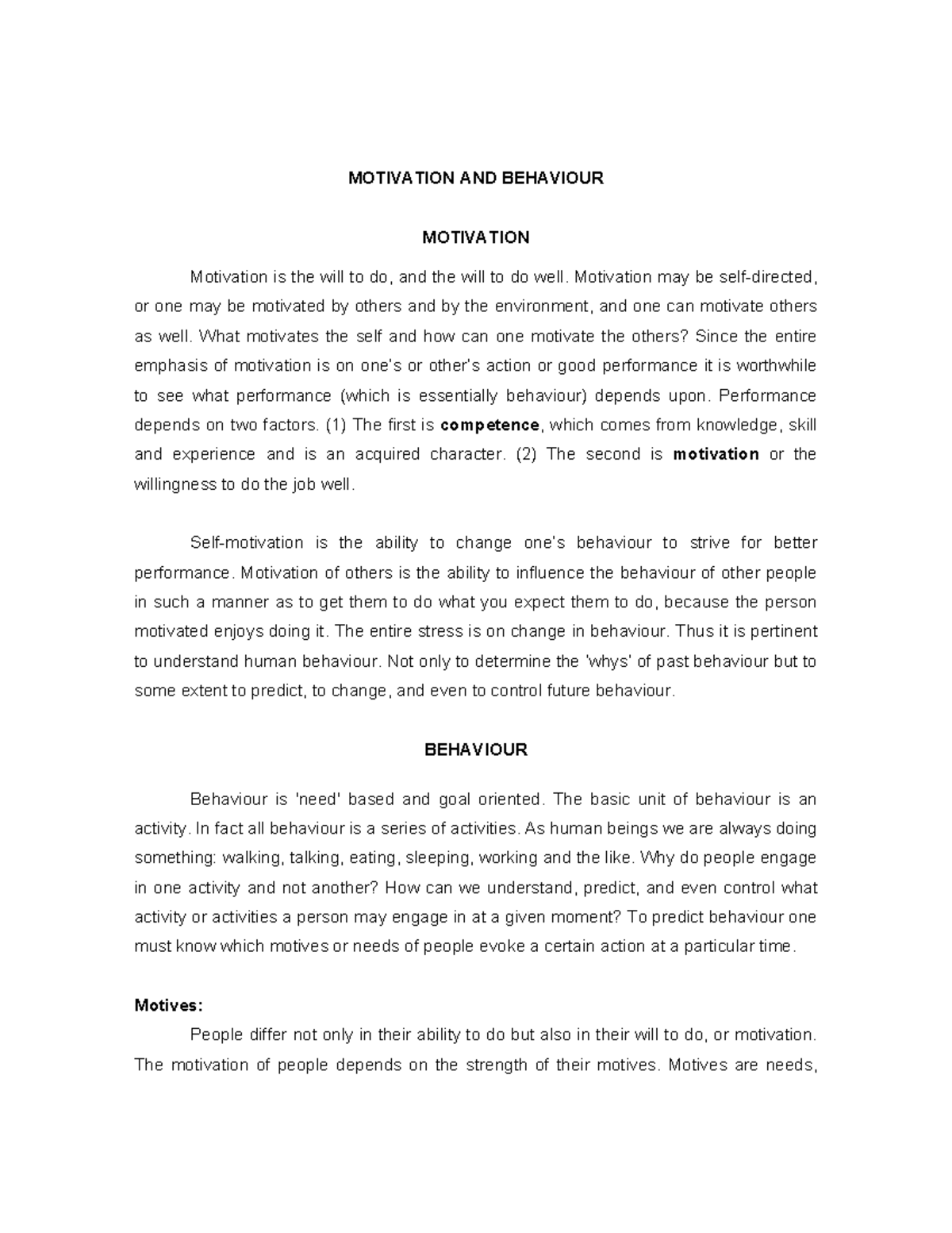 Motivation and Behaviour - MOTIVATION AND BEHAVIOUR MOTIVATION ...