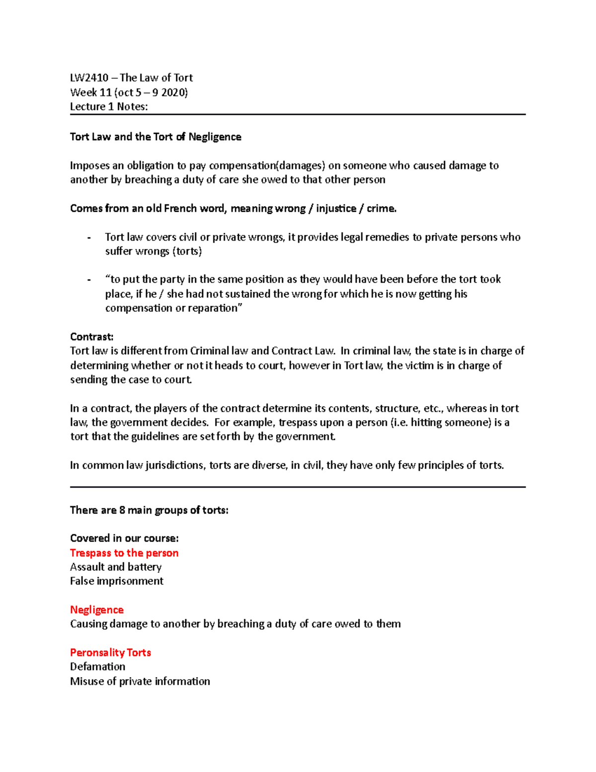 Unit 1 - Lecture 1 Notes - LW2410 – The Law of Tort Week 11 (oct 5 – 9 ...