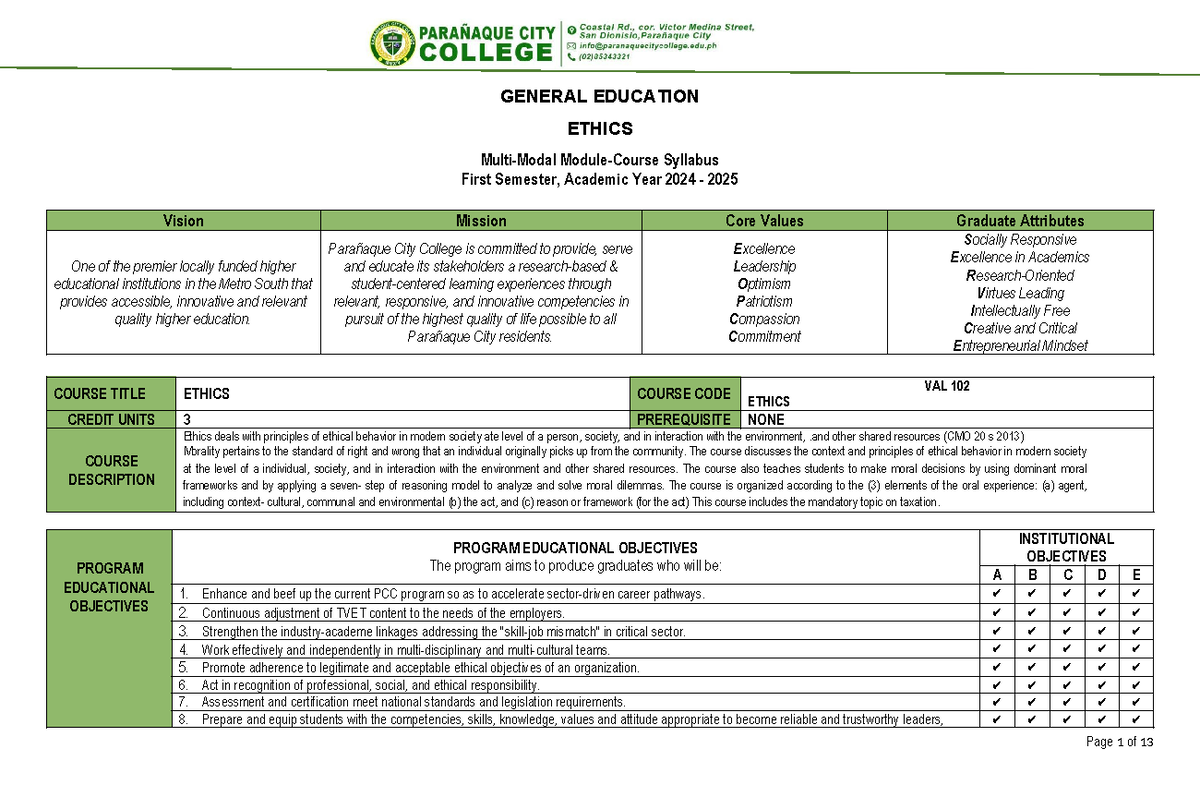 syllabus in ethics - GENERAL EDUCATION ETHICS Multi-Modal Module-Course ...