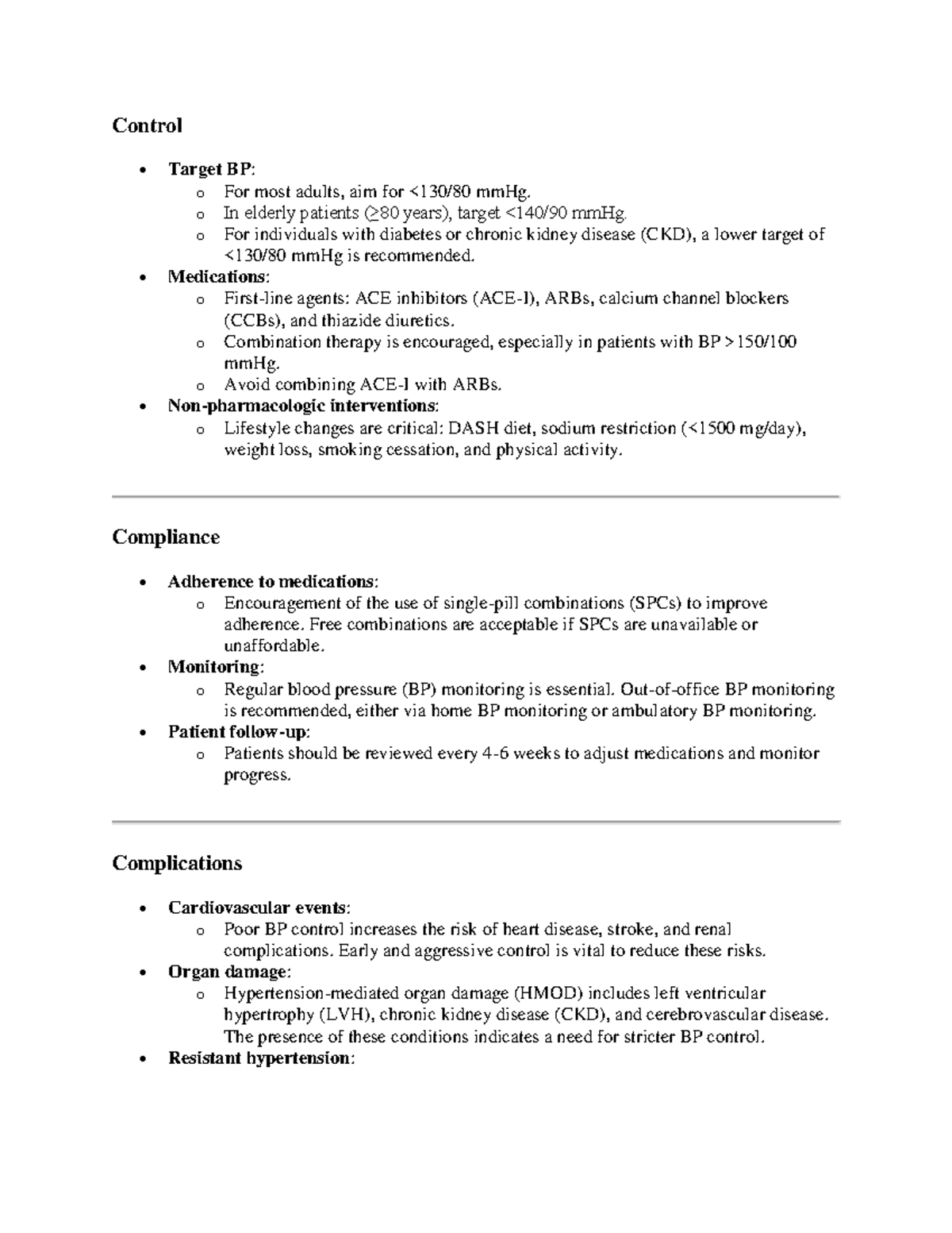 4Cs - Preventive Medicine - Control Target BP: o For most adults, aim for