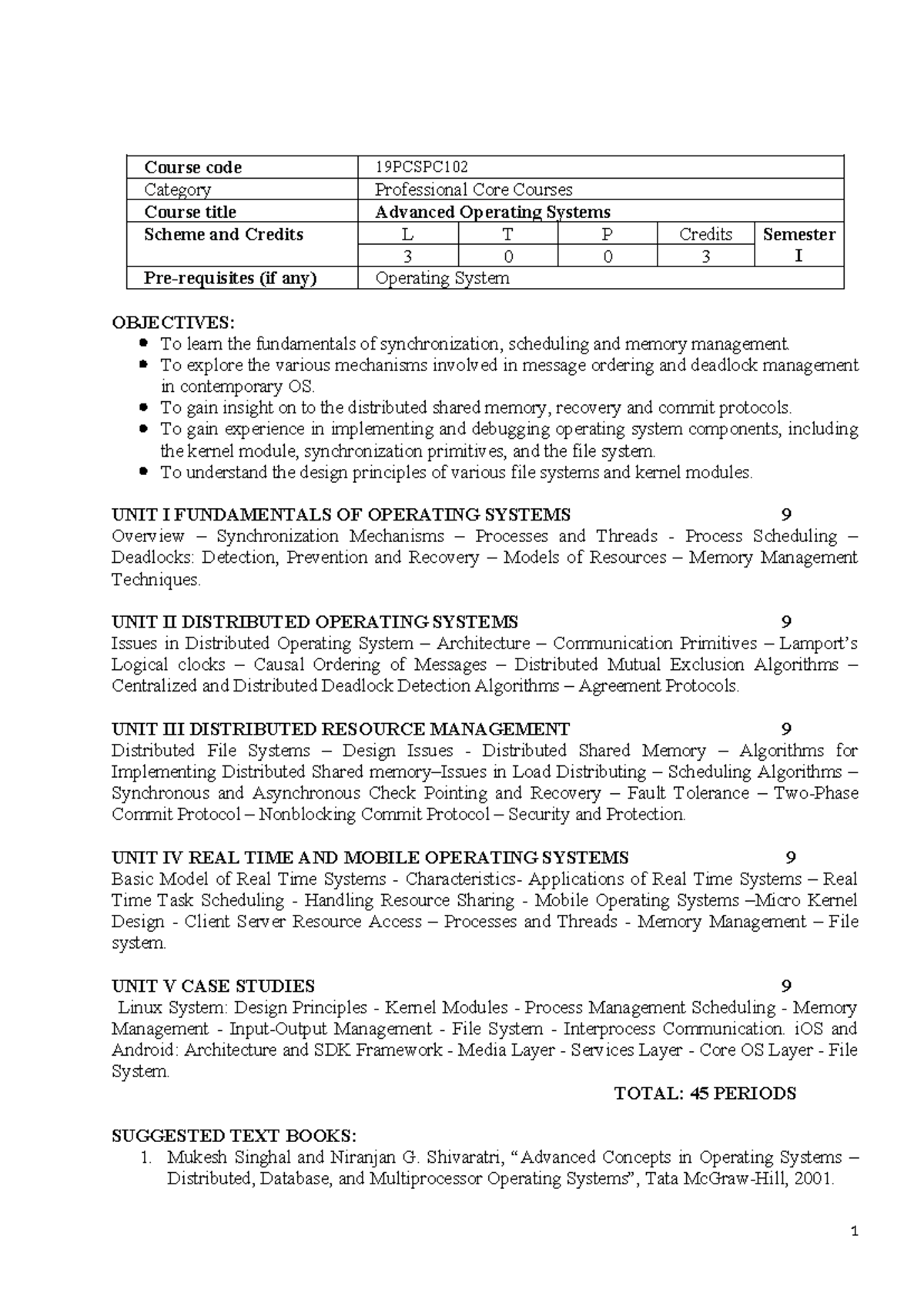 AOS - advanced OS - Course code 19PCSPC Category Professional Core ...
