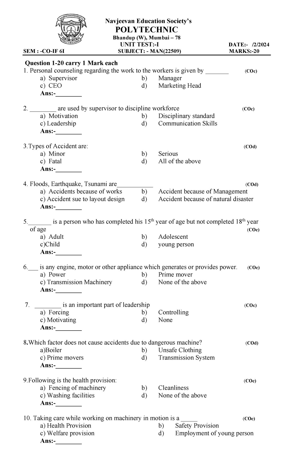 Mngt UT 2 - examole - Navjeevan Education Society’s POLYTECHNIC Bhandup ...