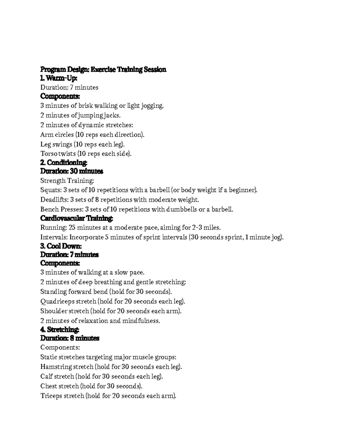 Program Design Exercise Training Session - Program Design: Exercise ...