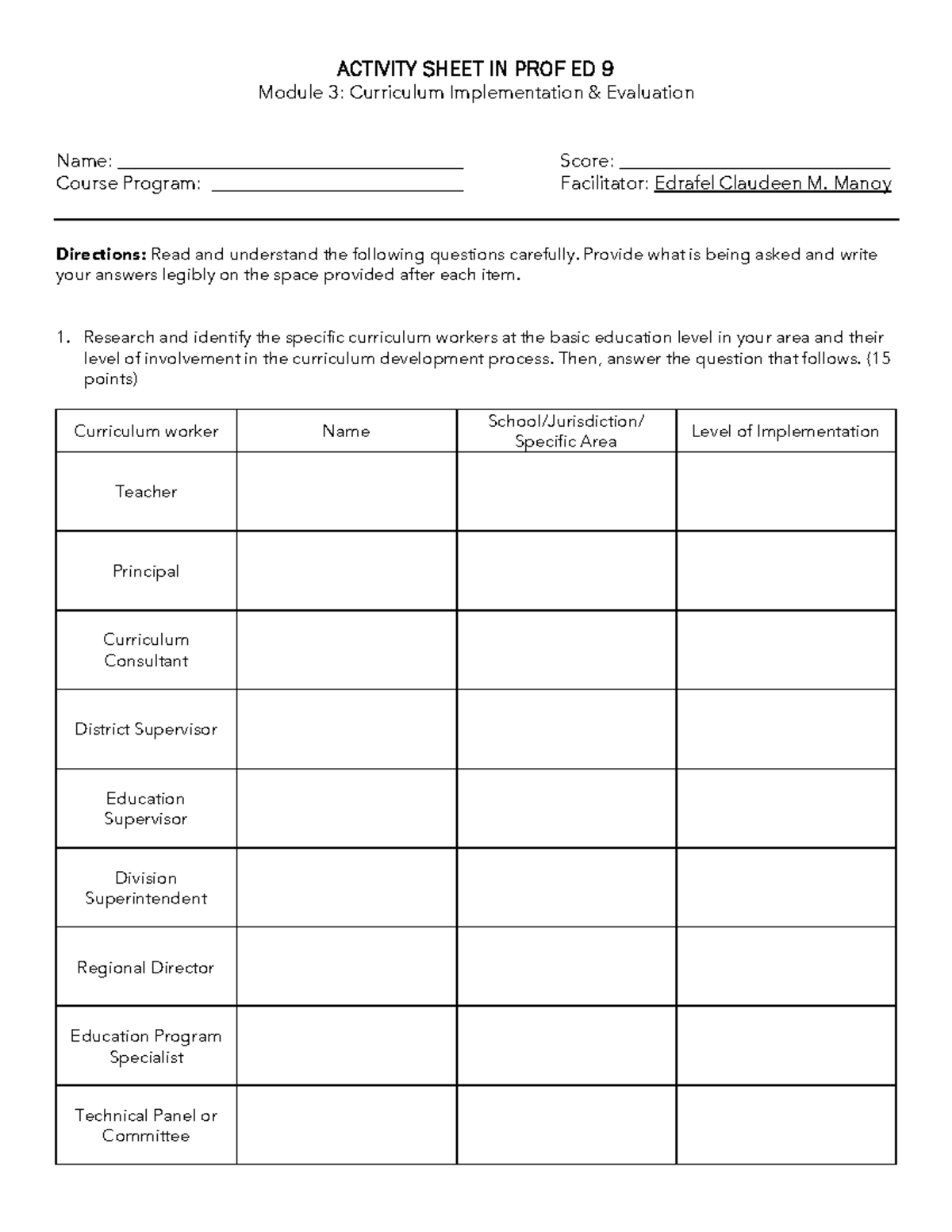 Activity Sheet 3 and ma - ACTIVITY SHEET IN PROF ED 9 Module 3 ...