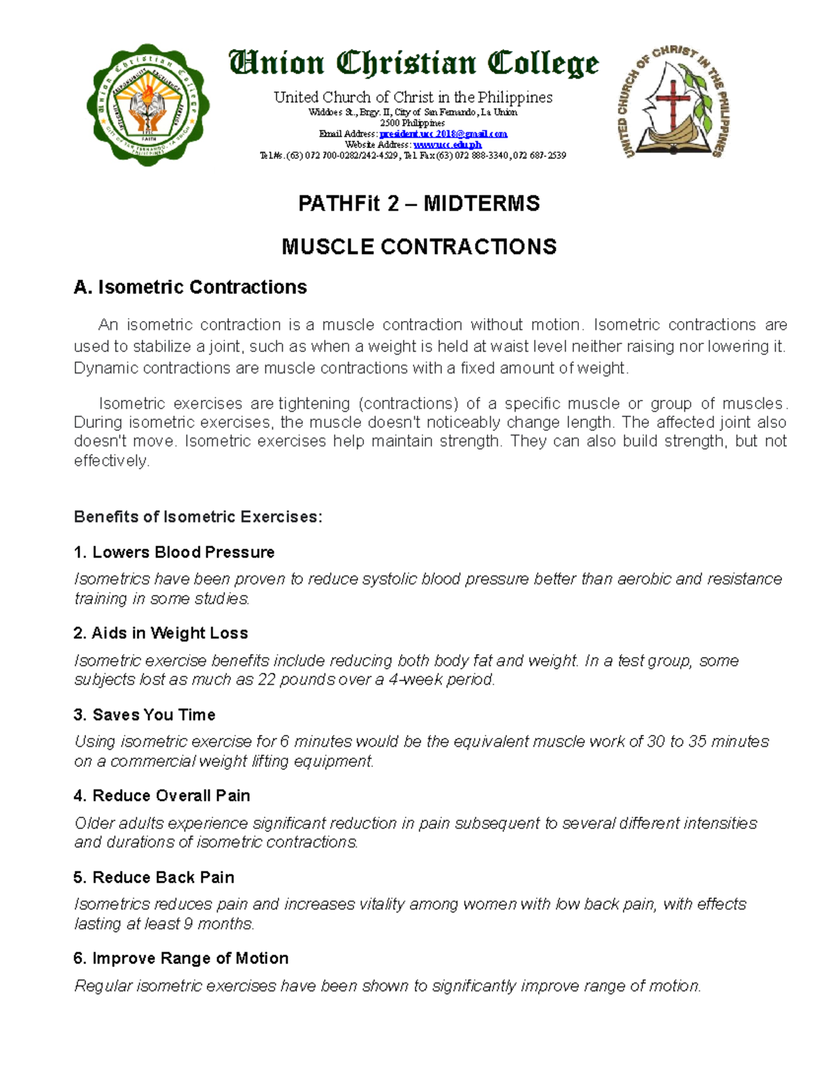 Pathfit-2-midterms - Read it - PATHFit 2 – MIDTERMS MUSCLE CONTRACTIONS ...