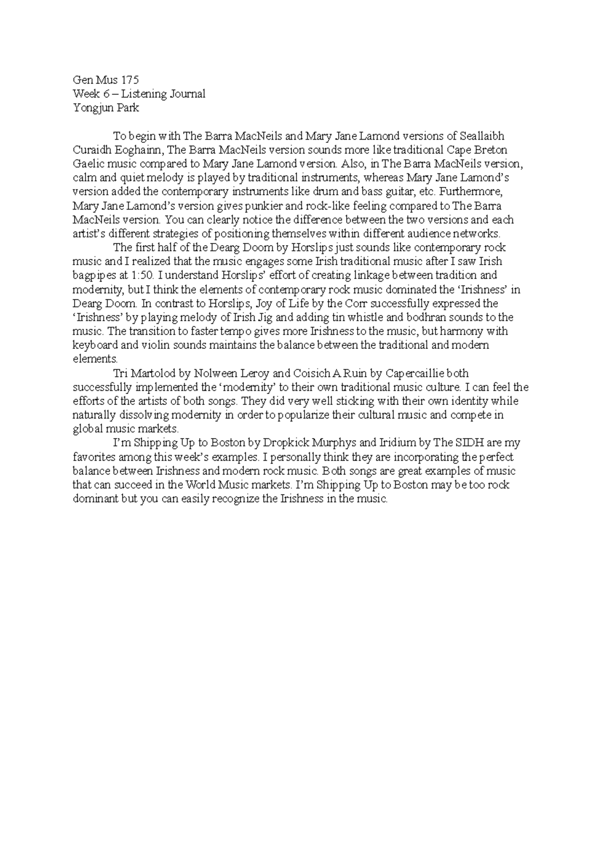 Week 6 Listening Journal - Gen Mus 175 Week 6 – Listening Journal ...