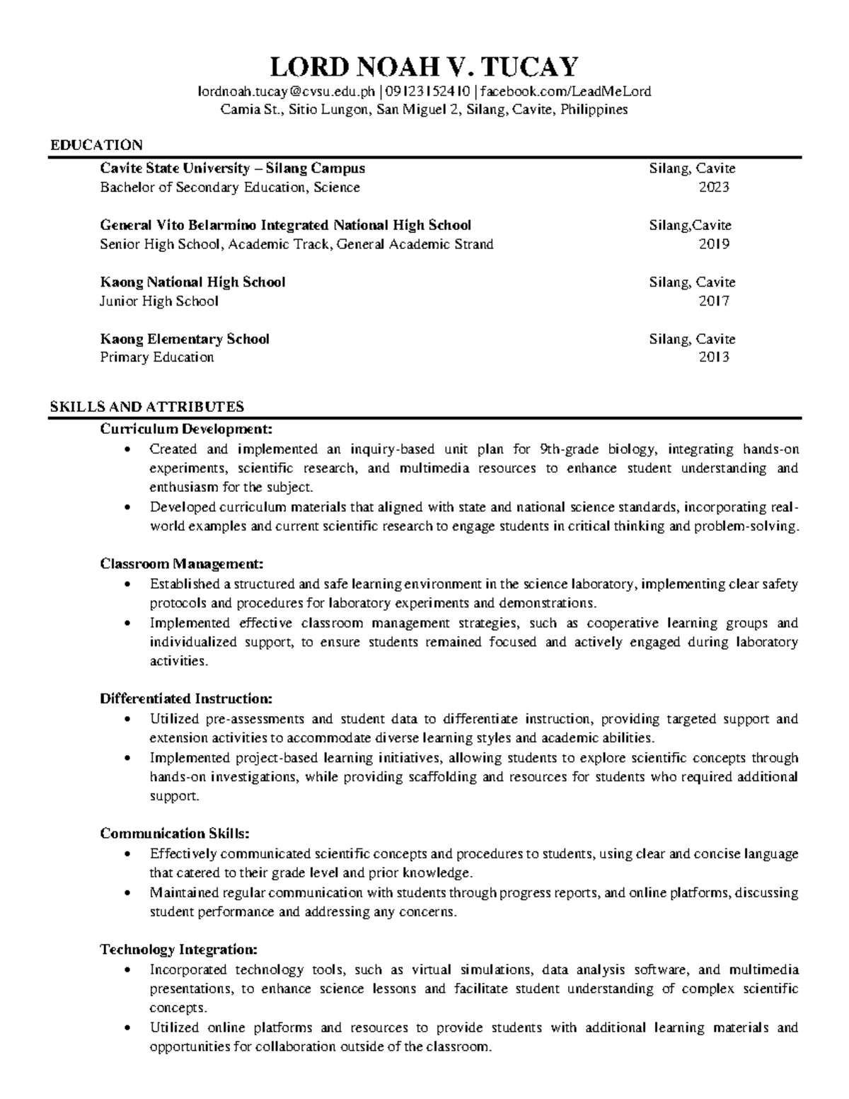 Lord Noah Tucay CV - iihihihihihi - LORD NOAH V. TUCAY lordnoah@cvsu.edu | 09123152410 | - Studocu