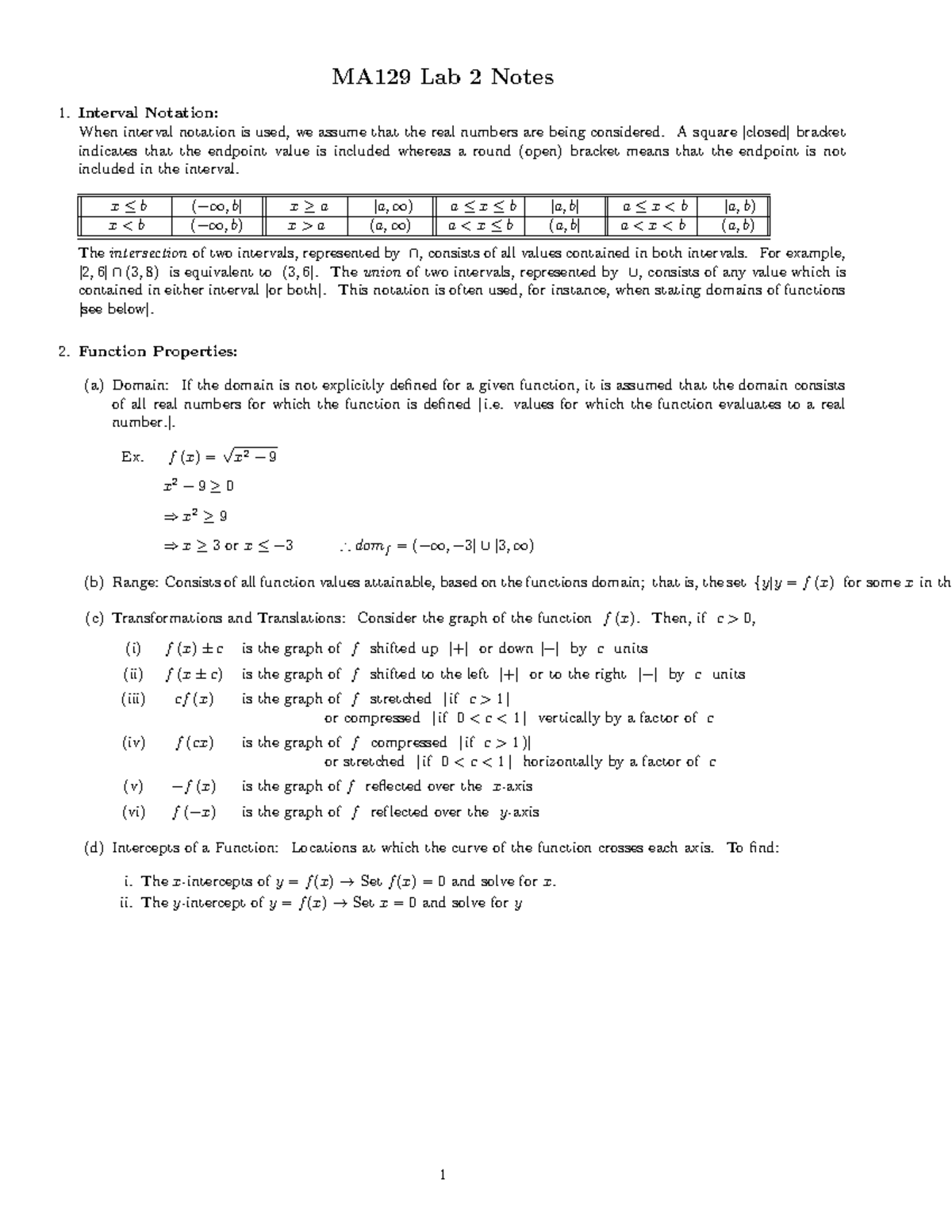 Lab2Prep - Lab Prep - MA129 Lab 2 Notes 1 Notation: When interval ...