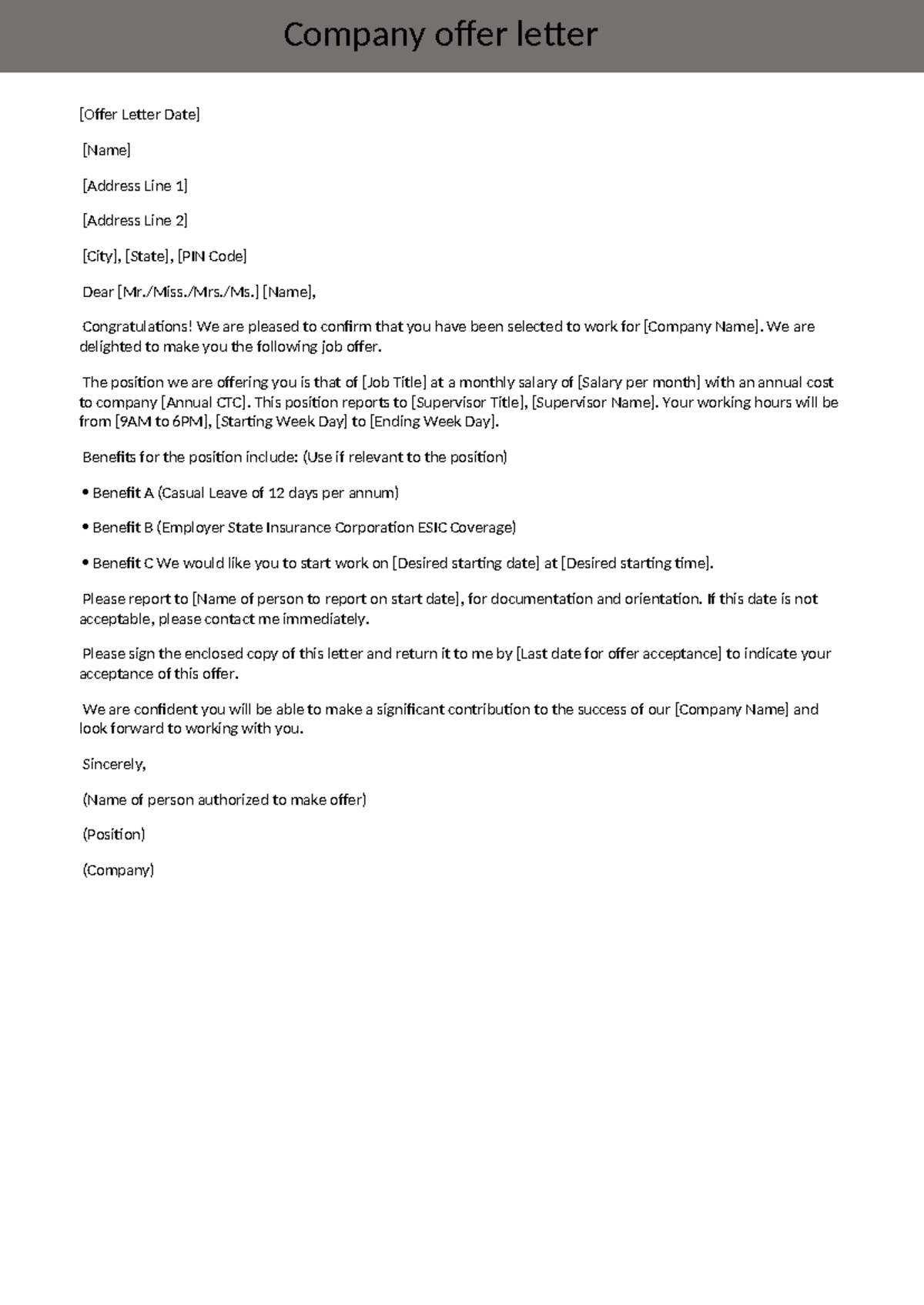 Offer letter save - imp - Company offer letter [Offer Letter Date ...