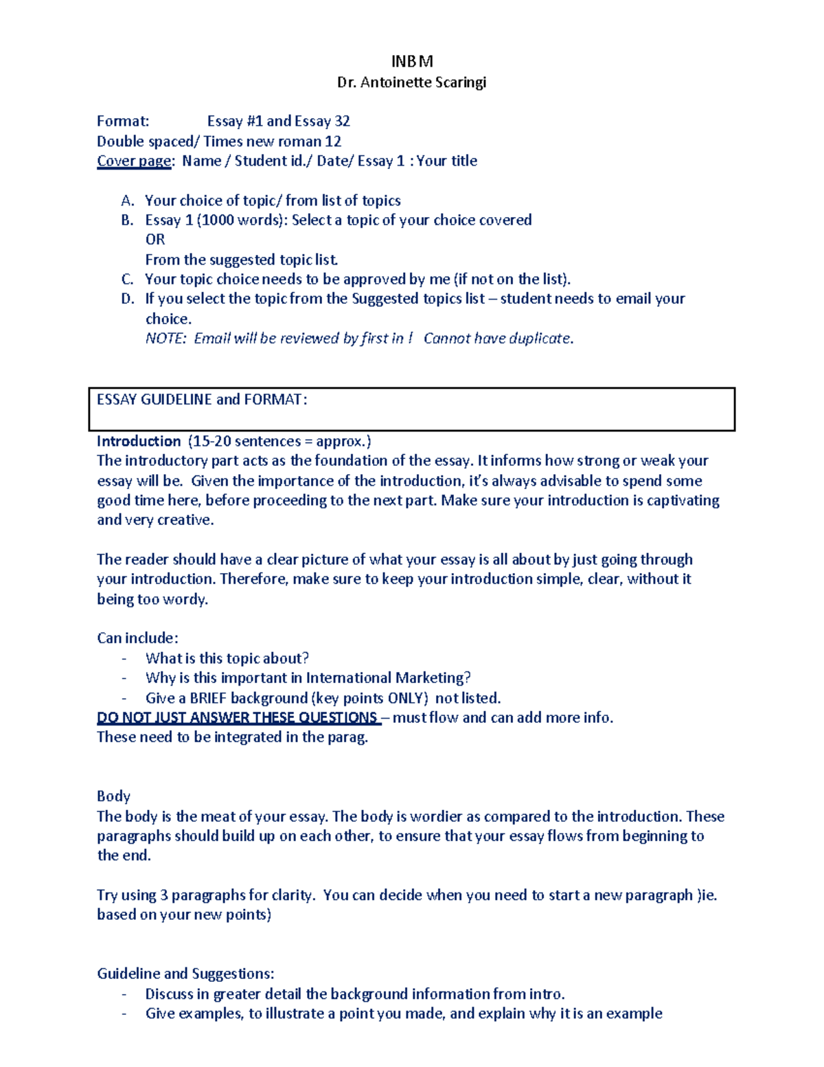 INBM Essay Format and Rubric - INBM Dr. Antoinette Scaringi Format ...