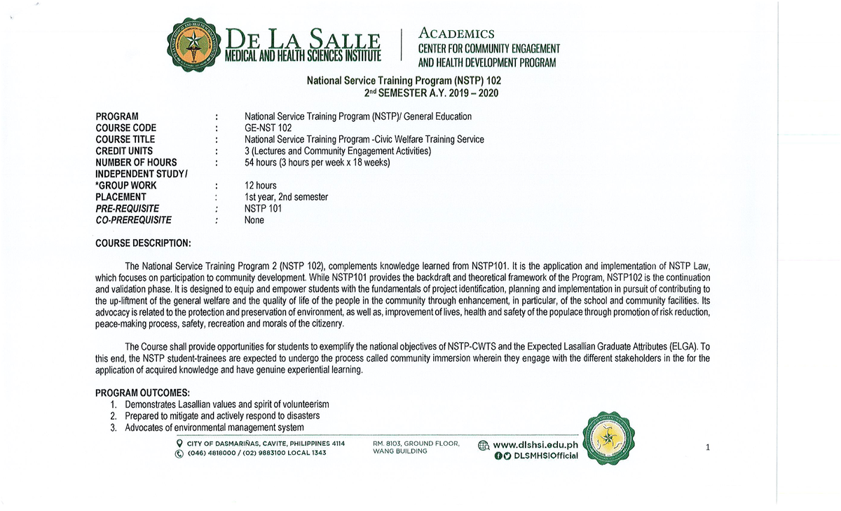 NSTP 102 Syllabus - sample - Bachelor of Elementary Education - Studocu