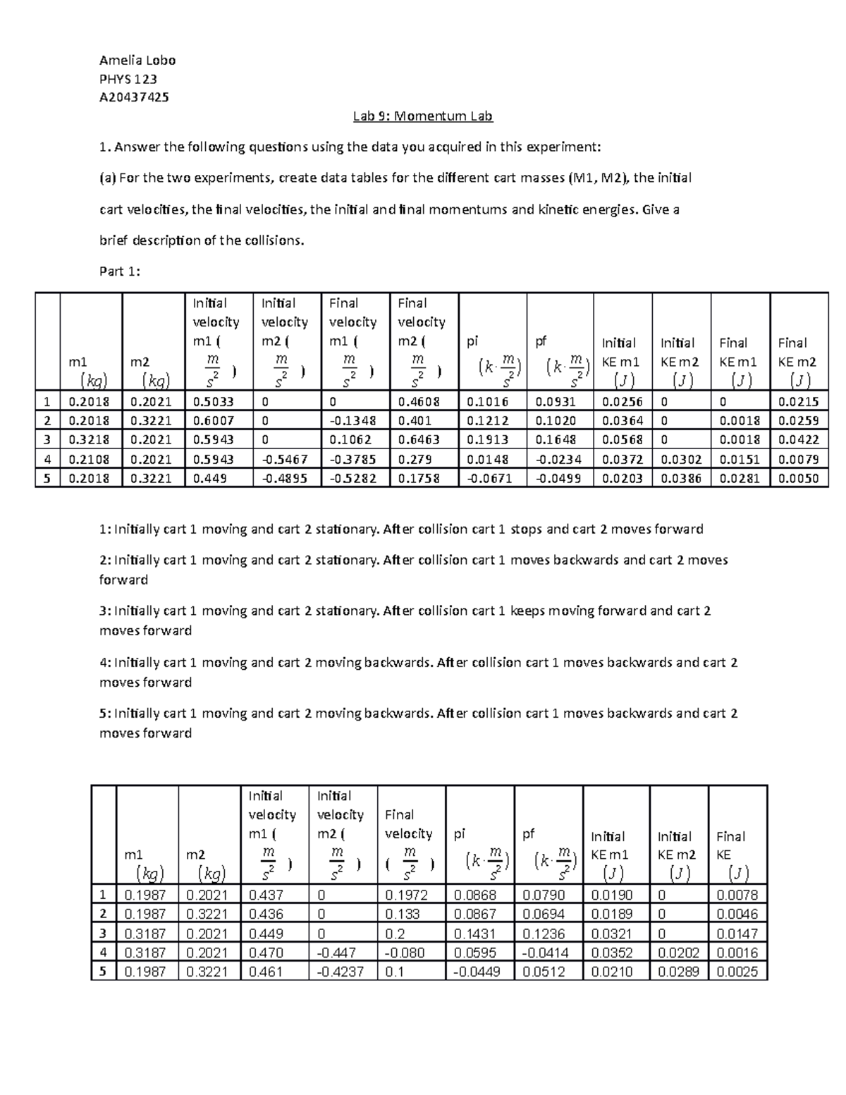 Lab 9: Momentum - Amelia Lobo PHYS 123 A Lab 9: Momentum Lab Answer the ...