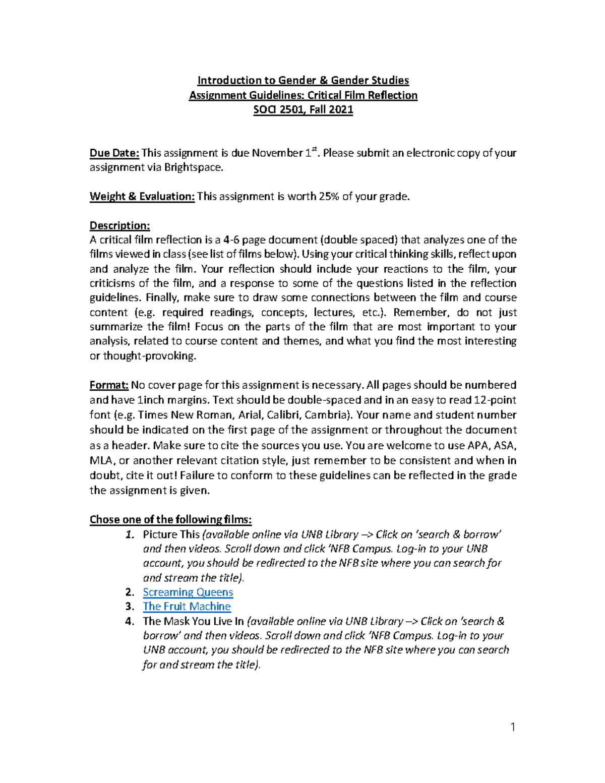 SOG - Assignment Guidelines CFR - 1 **Introduction to Gender & Gender ...