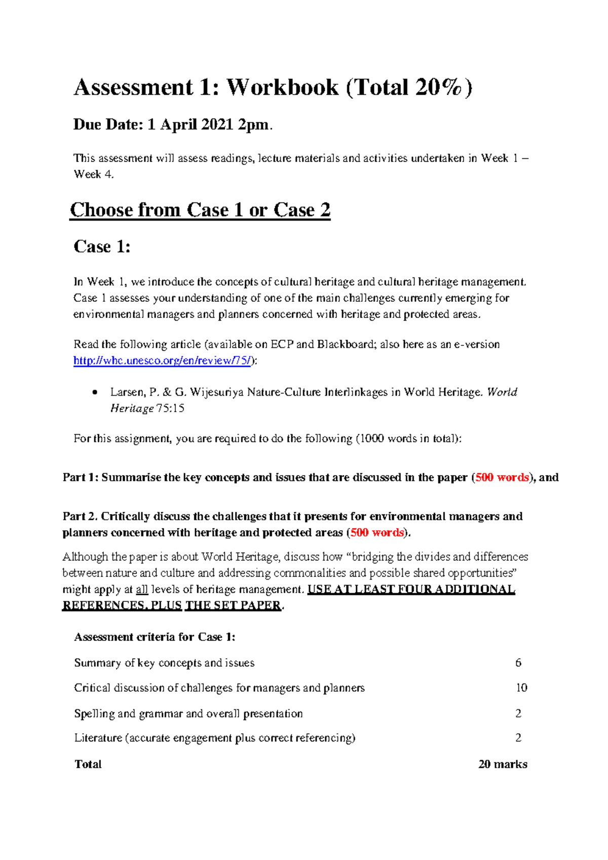 Assessment 1 - Case Studies 1 & 2 - Assessment 1: Workbook (Total 20% ...
