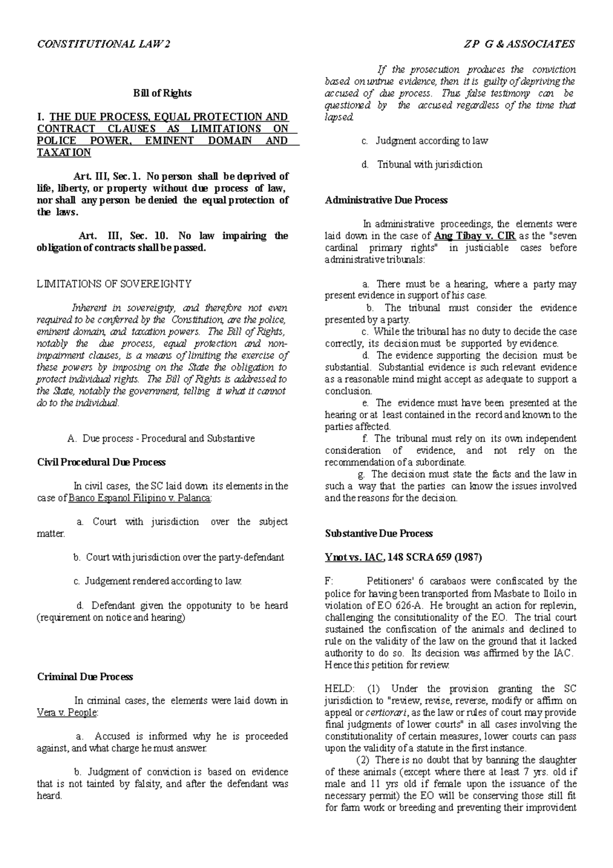 Consti 2 Reviewer - Bill of Rights I. THE DUE PROCESS, EQUAL PROTECTION ...