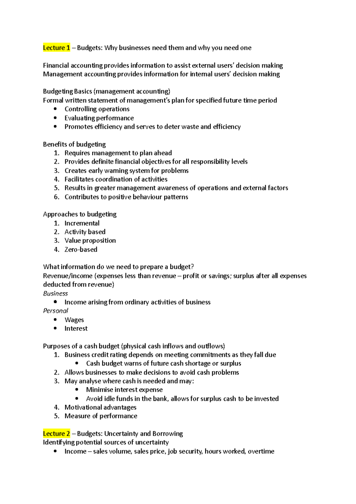 BSB107 Lecture - Lecture 1 – Budgets: Why businesses need them and why you need one Financial ...