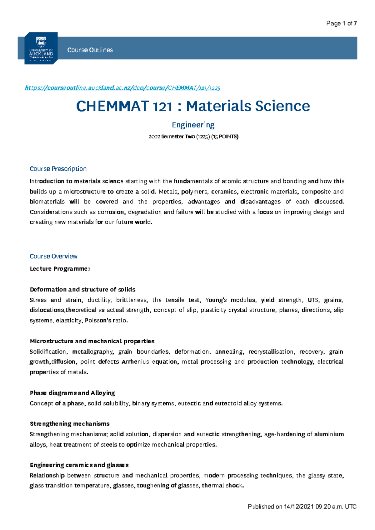 Chemmat 121 - 2022 Semester Two - Course Outline - CourseCourse ...