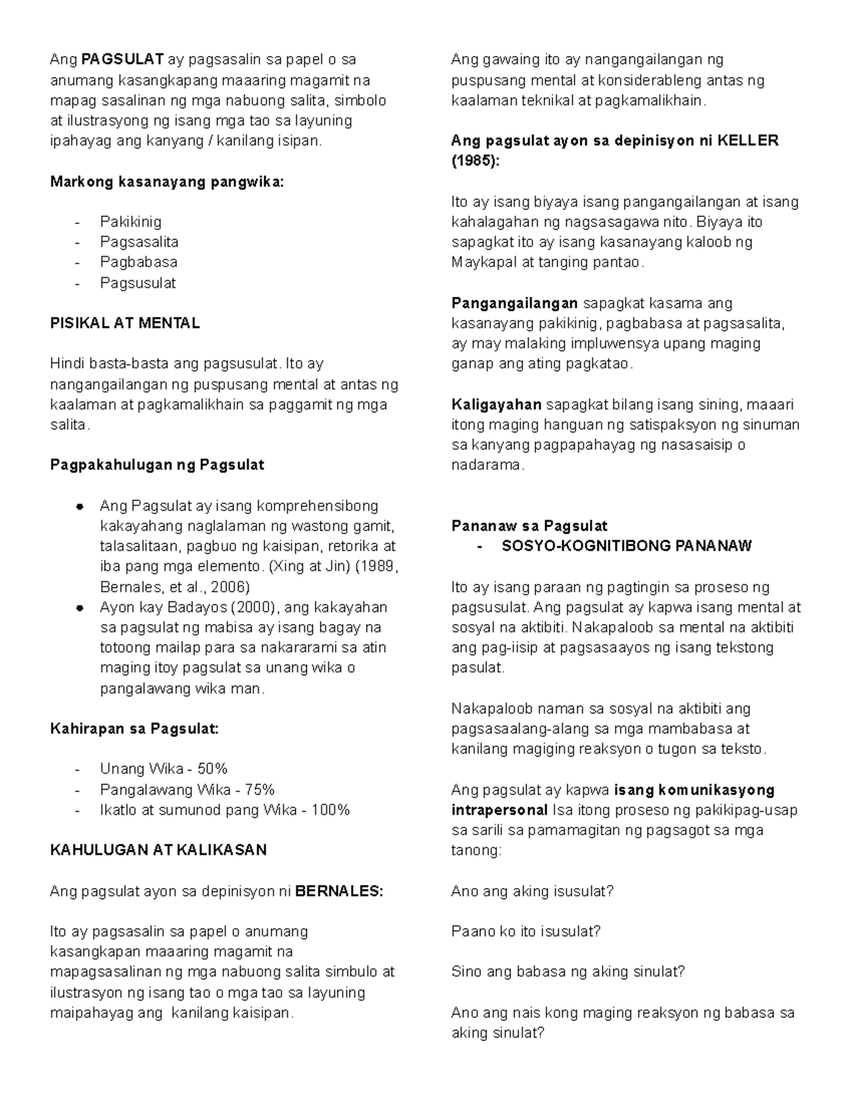 Pagsulat SA Filipino Piling Larangan Reviewer - Ang PAGSULAT ay ...