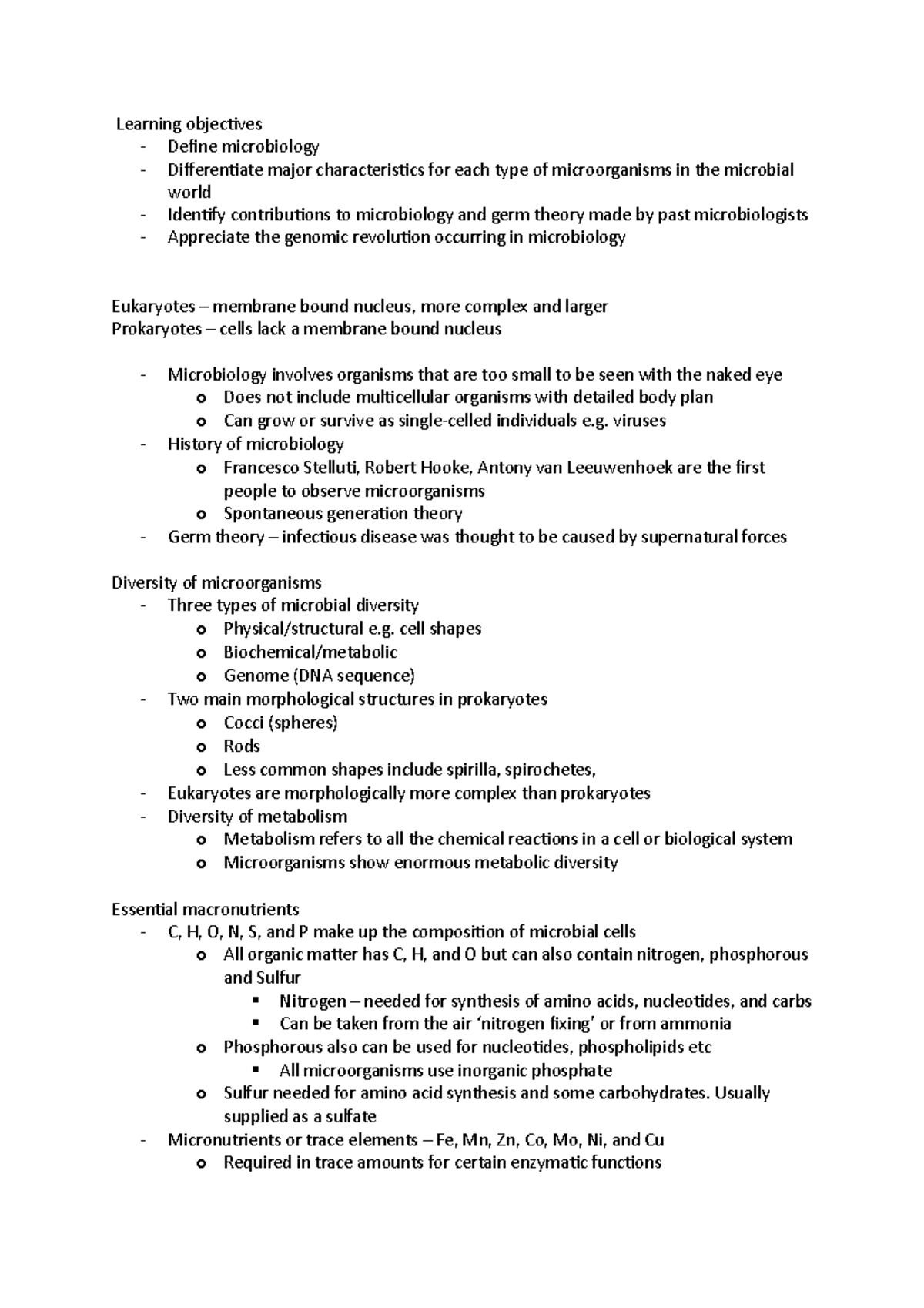 Micro notes - Summary of the lectures 1-9 - Learning objectives ...