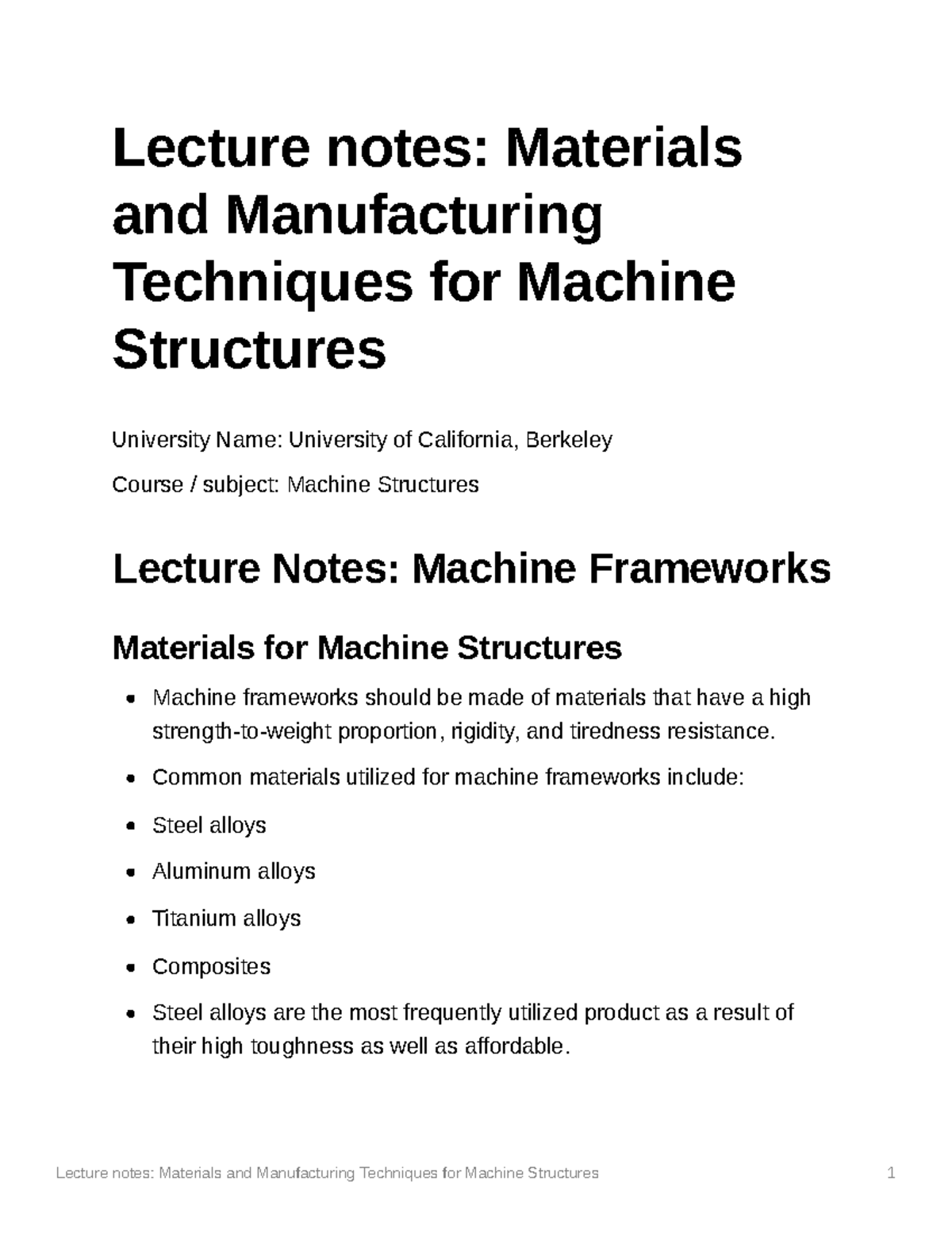 Lecture notes Materials and Manufacturing Techniques for Machine ...