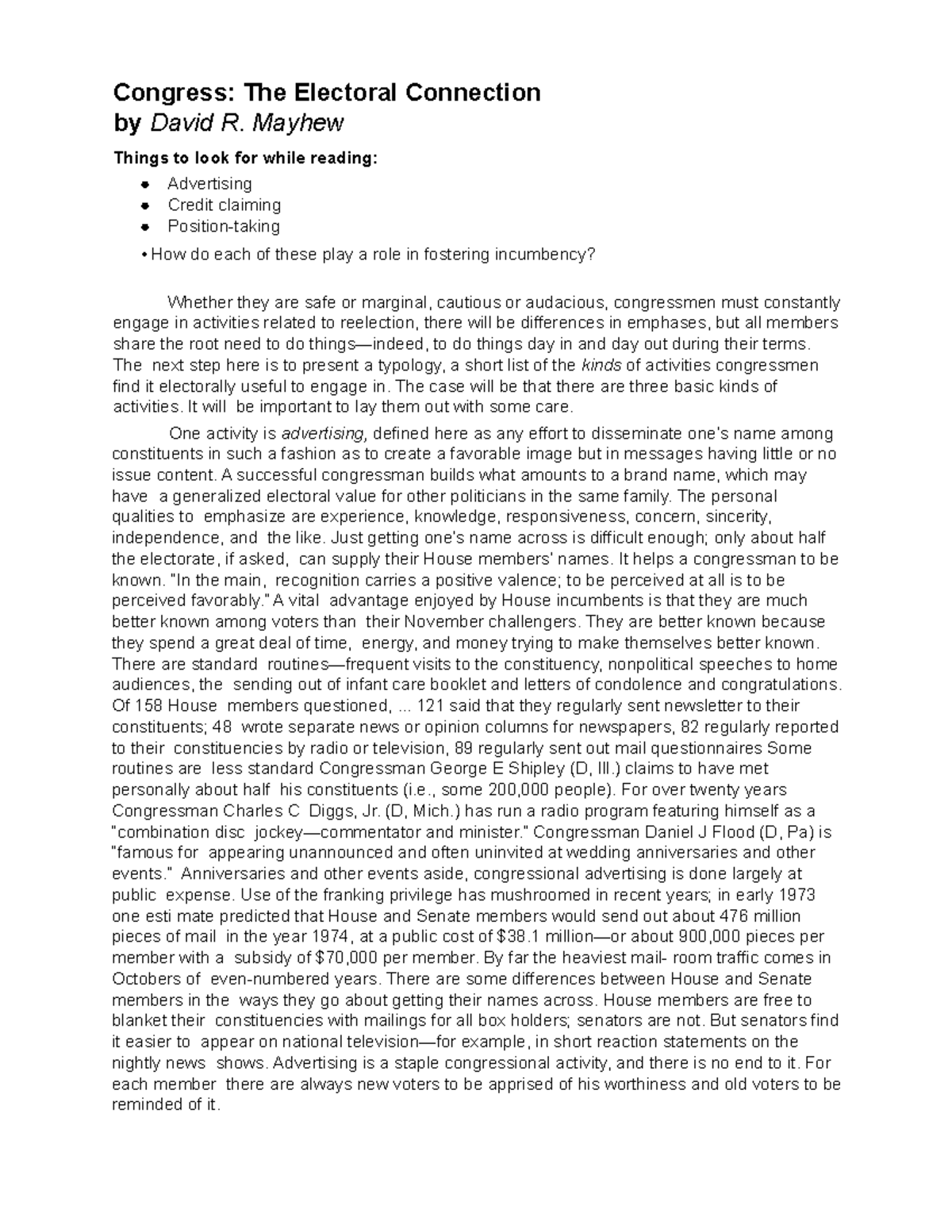 Mayhew-Electoral Connection - Congress: The Electoral Connection by ...