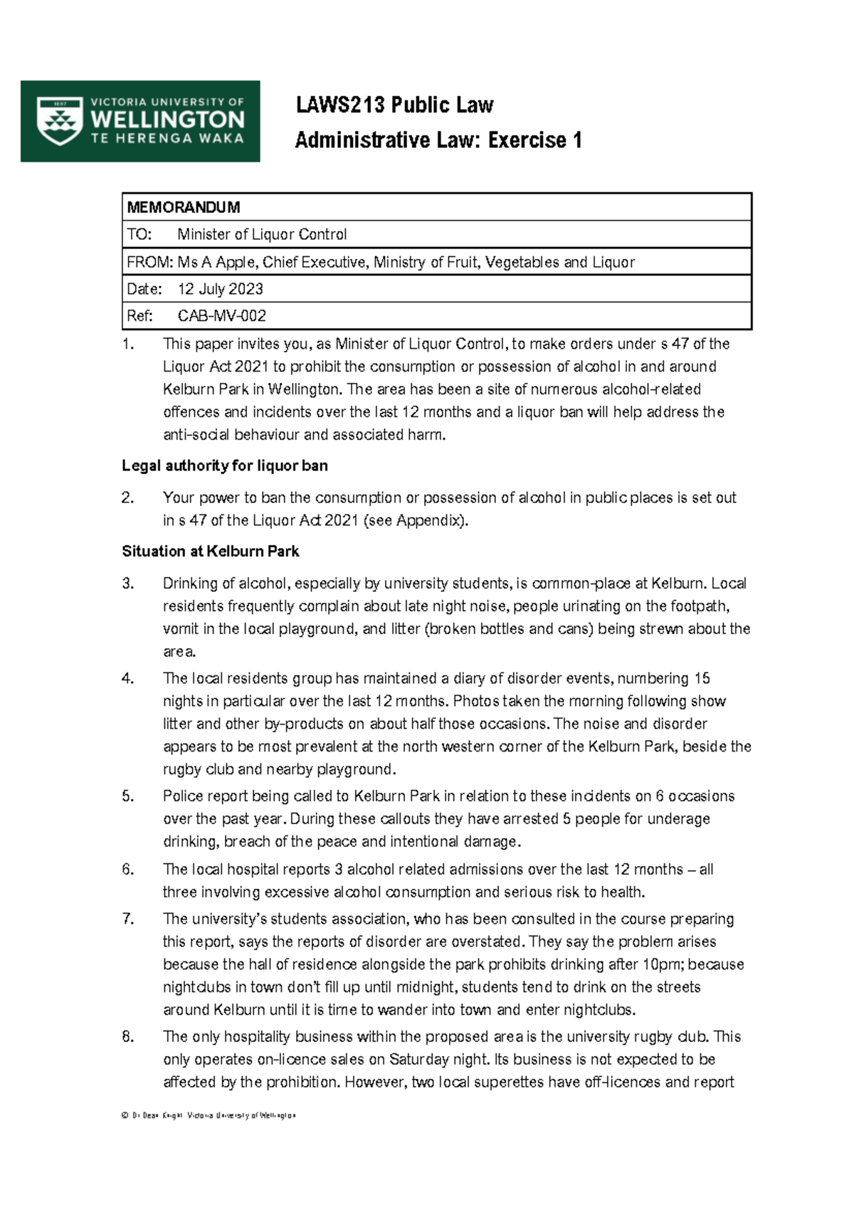LAWS213 2023 E001 Exercise 1 - © Dr Dean Knight, Victoria University of ...