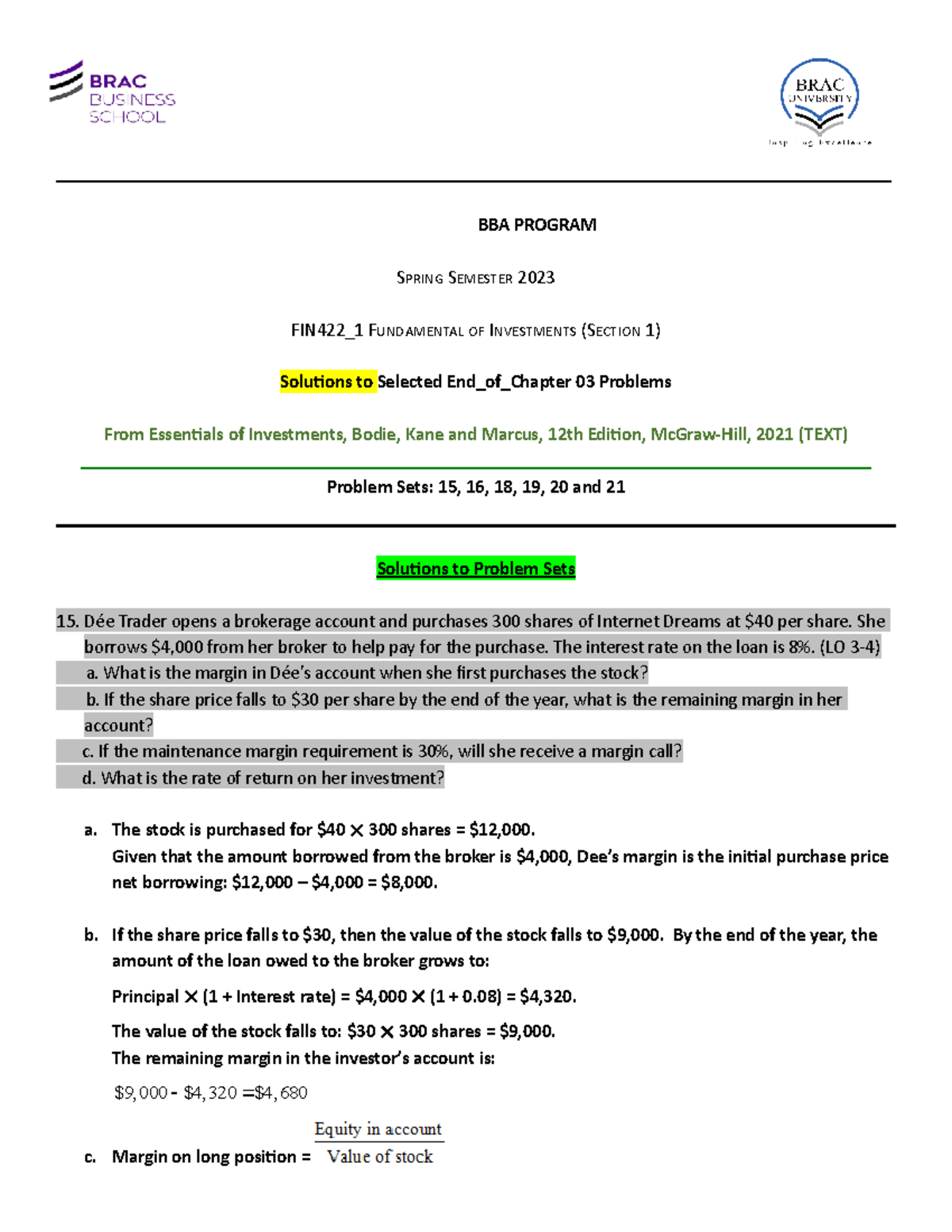 FIN422 1 Spring 2023 Solutions to Selected End of Chapter 03 Problems - - Studocu