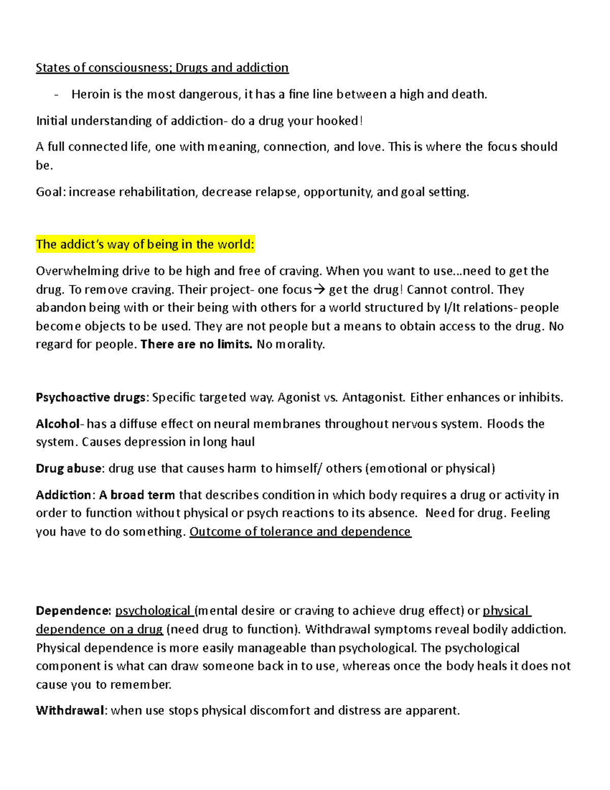 Psych Study Guide 3 - notes - States of consciousness; Drugs and ...