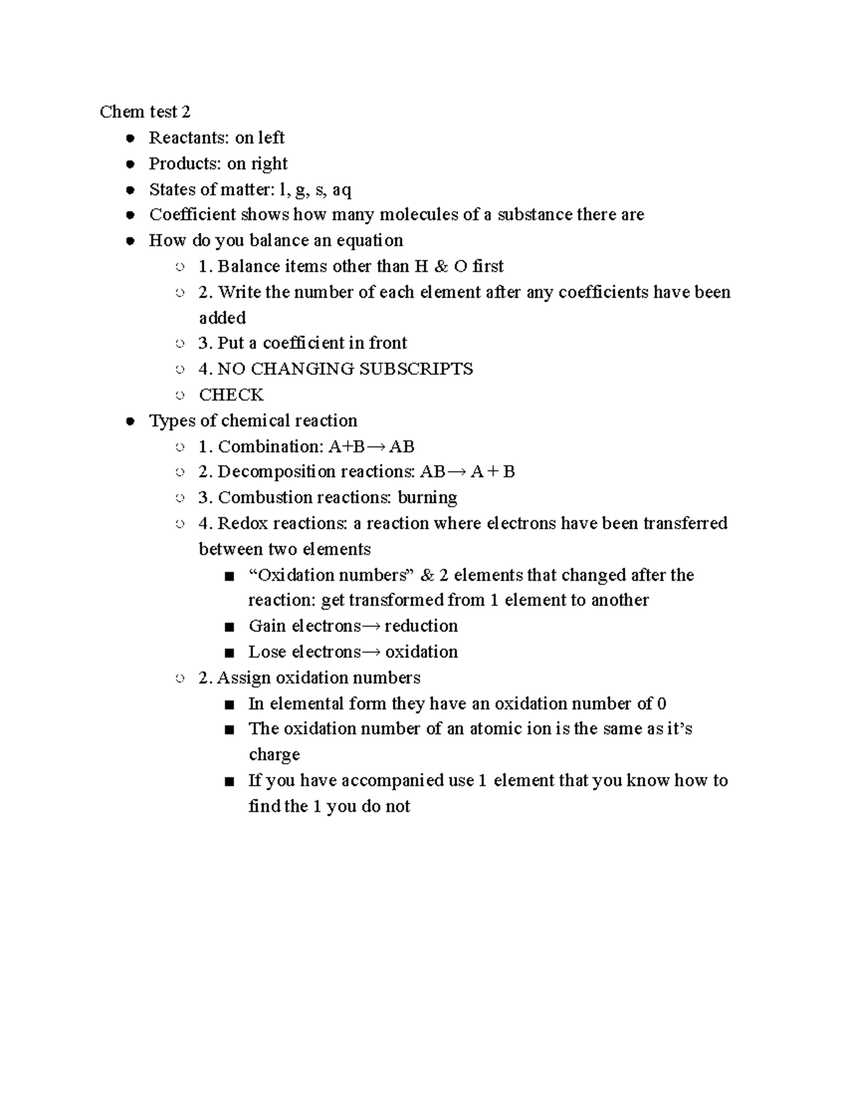 Chem test 2022- Chem test 2 Reactants: on left Products: on right ...