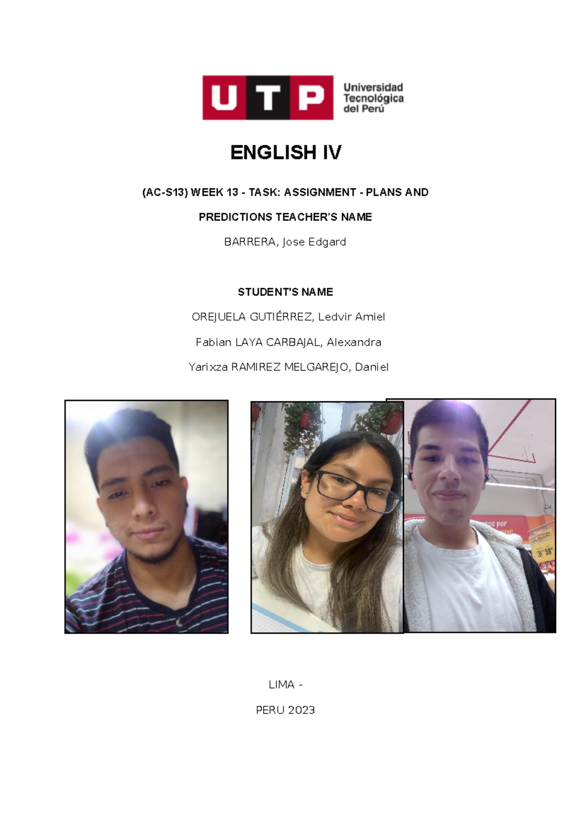 Week 13 - Task Assignment - Plans AND Predictions - Orejuela Ledvir ...