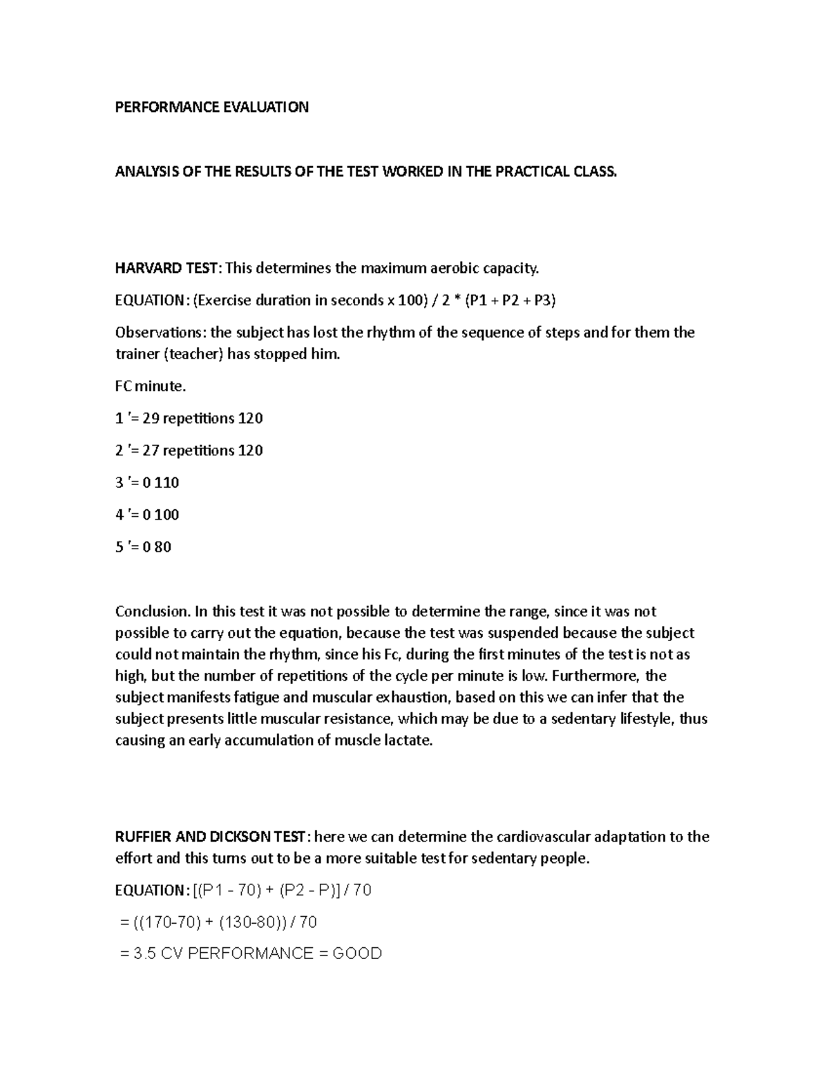 Test analysis - PERFORMANCE EVALUATION ANALYSIS OF THE RESULTS OF THE ...