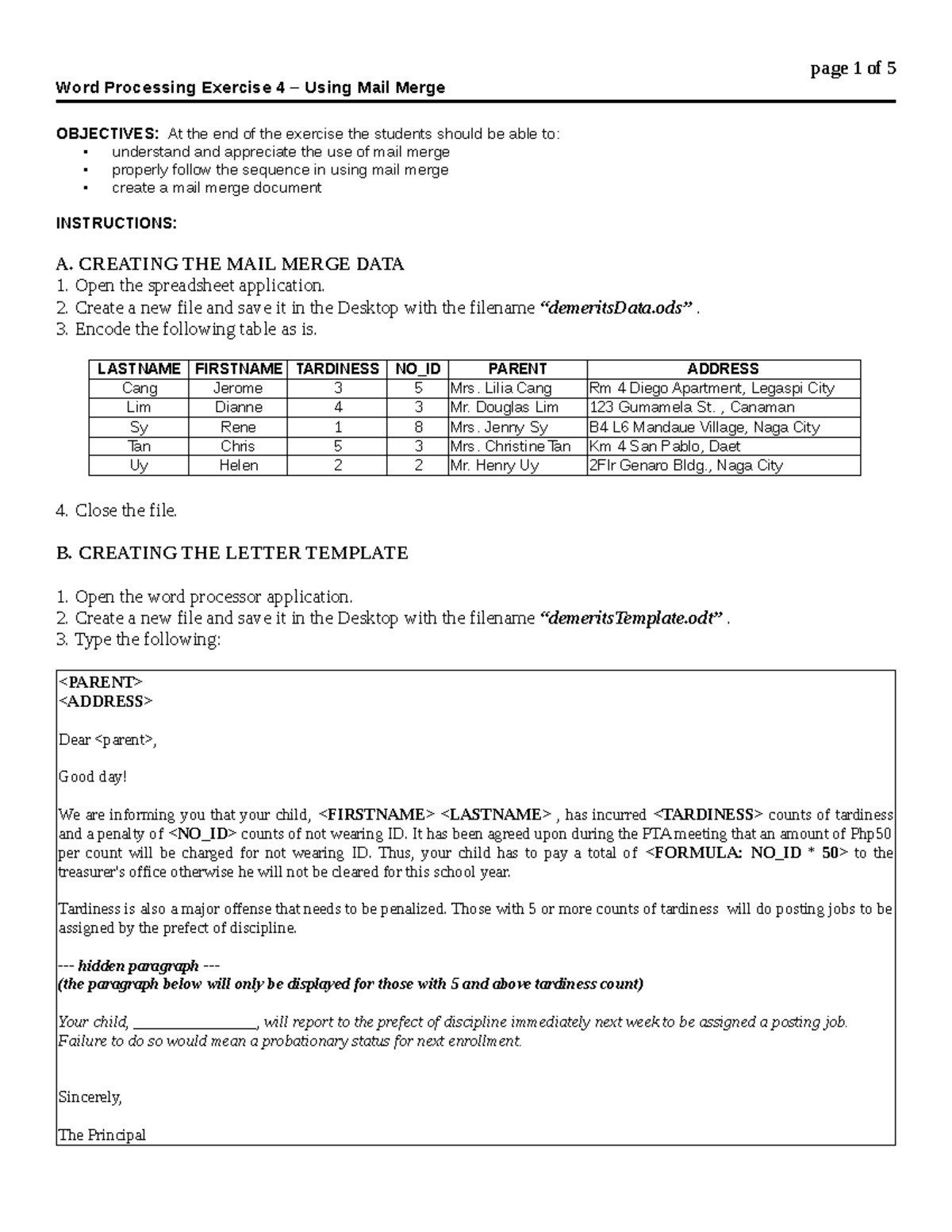Seminar assignments - Exercise 4 - page 1 of 5 Word Processing Exercise ...