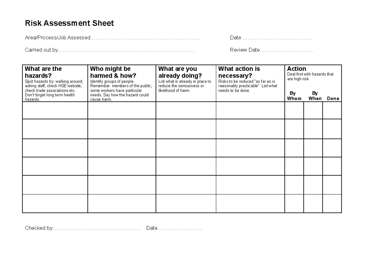 Risk-assessment-template - Risk Assessment Sheet Area/Process/Job - Studocu
