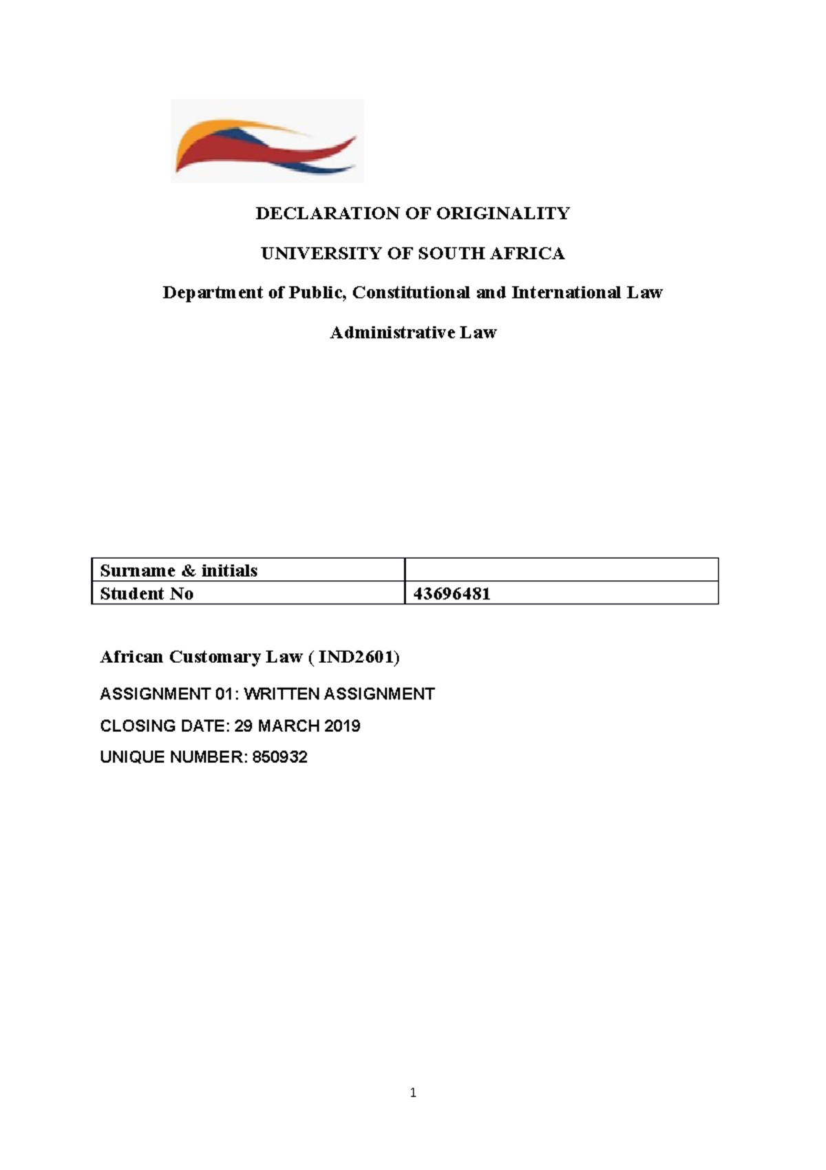 Assignment 1 - Grade: A - DECLARATION OF ORIGINALITY UNIVERSITY OF ...