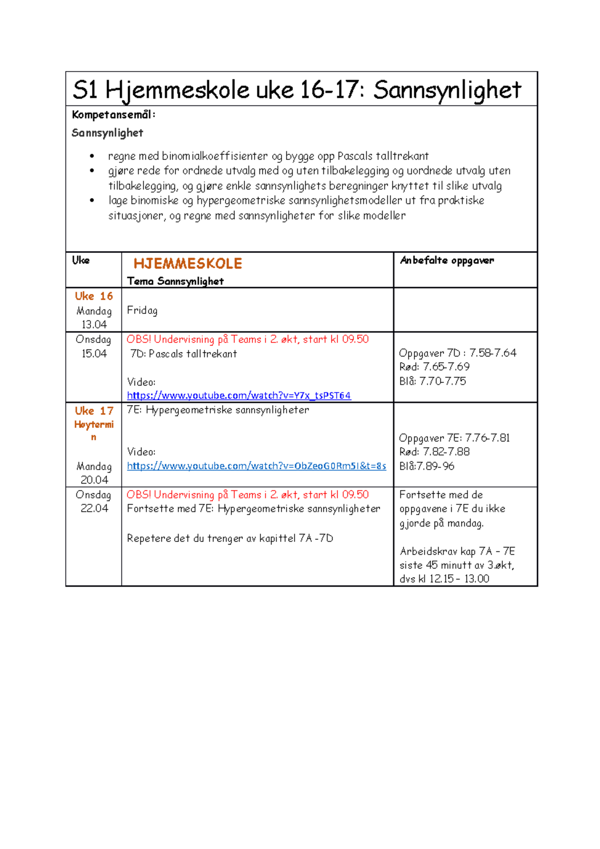 Hjemmeskole uke 16-17, plan - S1 Hjemmeskole uke 16-17: Sannsynlighet Kompetansemål ...