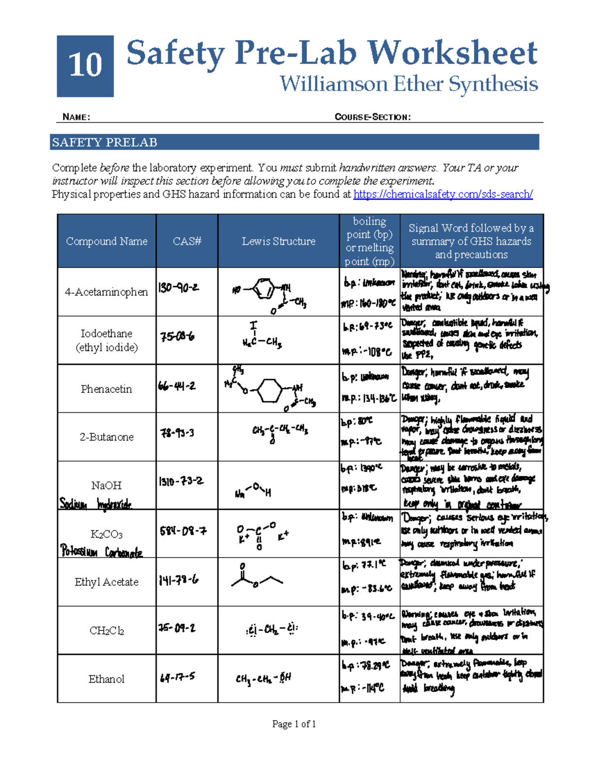 Lab 10 Safety Sheet - Page 1 of 1 10 Safety Pre-Lab Worksheet Williamson Ether Synthesis NAME ...