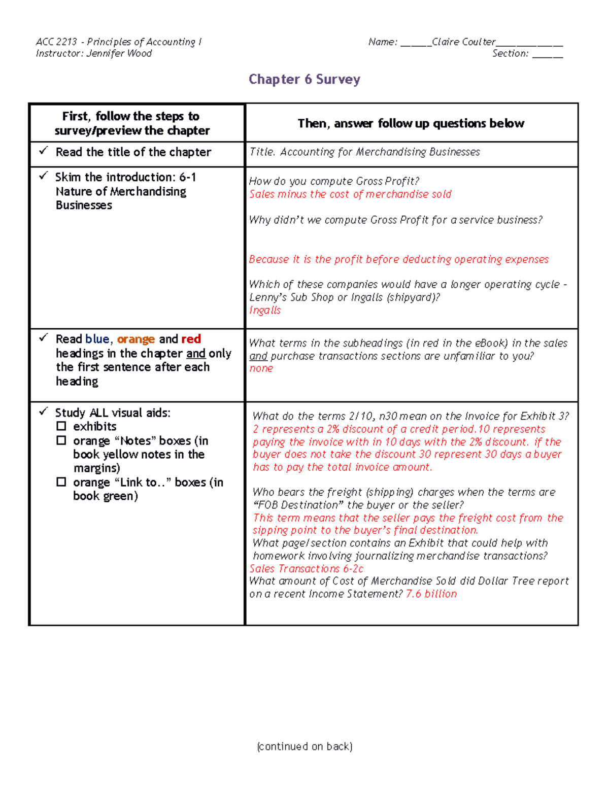 Chapter 6 Survey - ACC 2213 - Principles of Accounting I Name: Claire ...