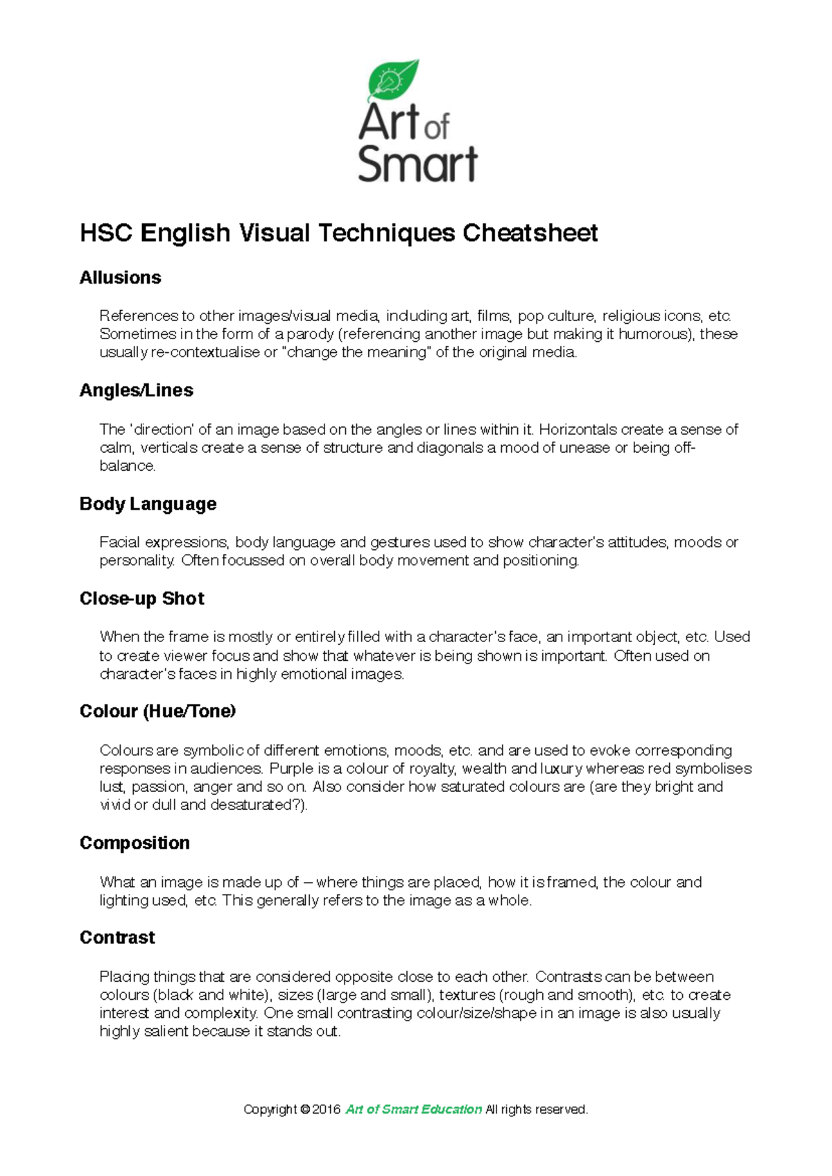 HSC English Visual Techniques Cheatsheet - HSC English Visual ...