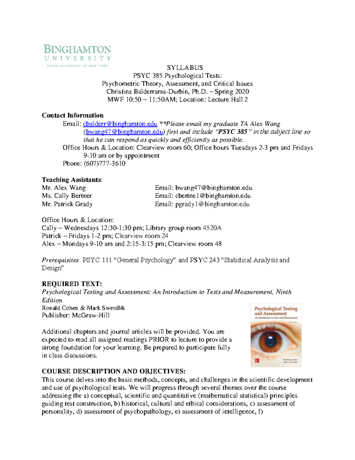 Balderrama Durbin Syllabus Psyc 385 Spring 2020 Warning Tt Undefined Function 32 Syllabus