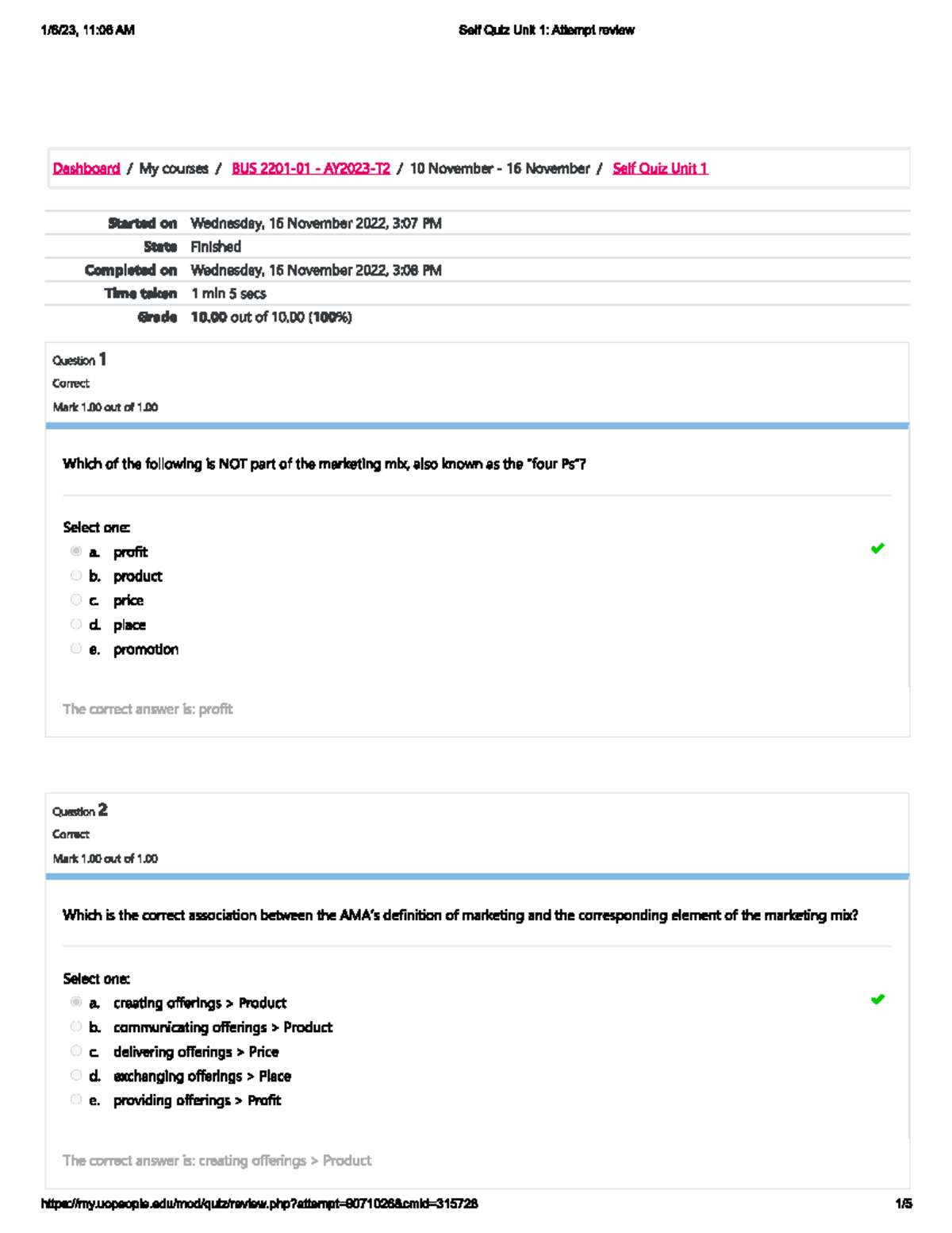 Principles of Marketing Self Quiz Unit 1 - BUS 2201 - Studocu