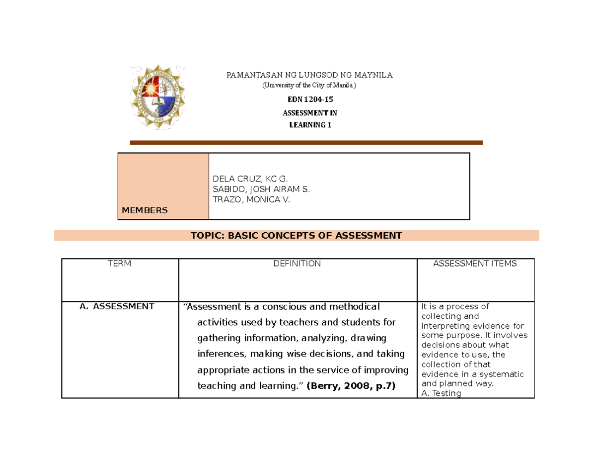 Group-1 Basic Concepts OF Assessments - MEMBERS DELA CRUZ, KC G. SABIDO, JOSH AIRAM S. TRAZO ...