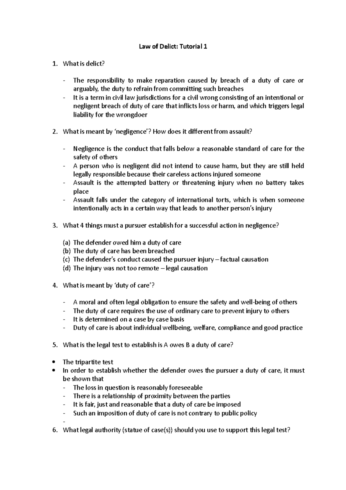 Tutorial 1 exercise - Law of Delict: Tutorial 1 What is delict? The ...