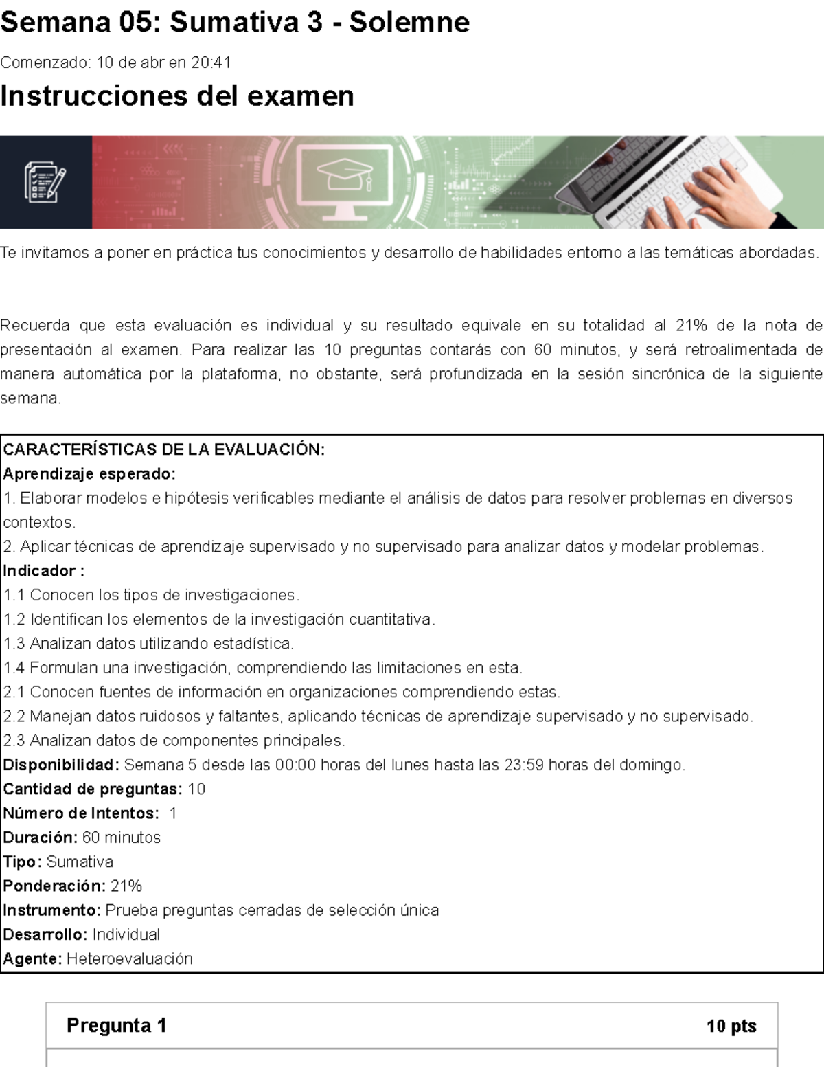 Examen Semana 05 Sumativa 3 - Solemne apm 100-100 - Semana 05: Sumativa 3 - Solemne Comenzado ...
