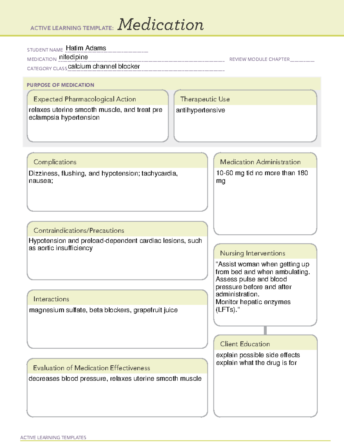 Nifedipine - drug card - ACTIVE LEARNING TEMPLATES Medication STUDENT ...