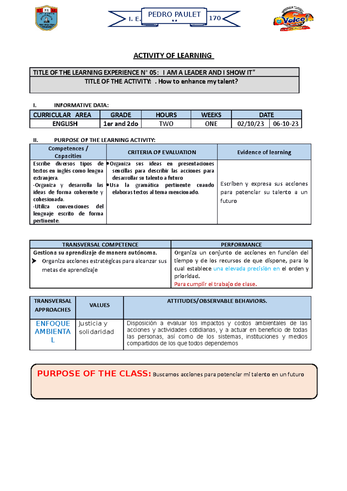2 de octubre english - importante - ACTIVITY OF LEARNING TITLE OF THE LEARNING EXPERIENCE N° 05 ...