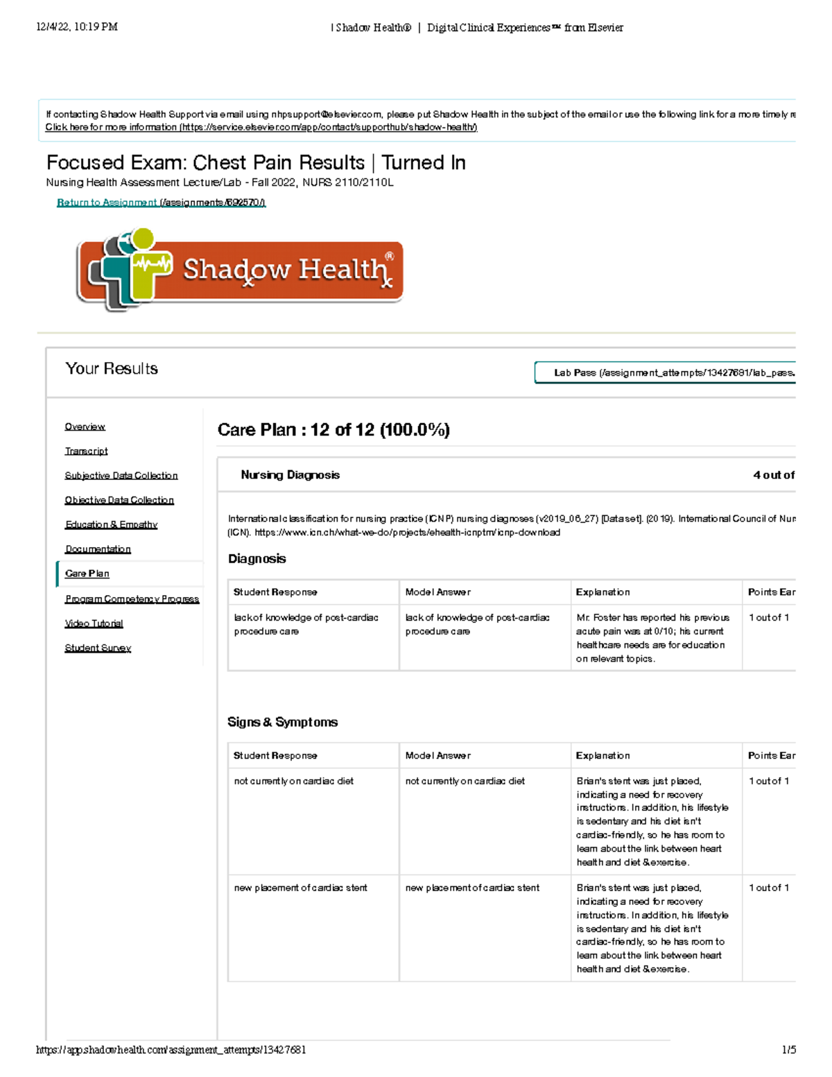 Shadow Health Focused-Chest Pain Brian Care Plan - Focused Exam: Chest ...
