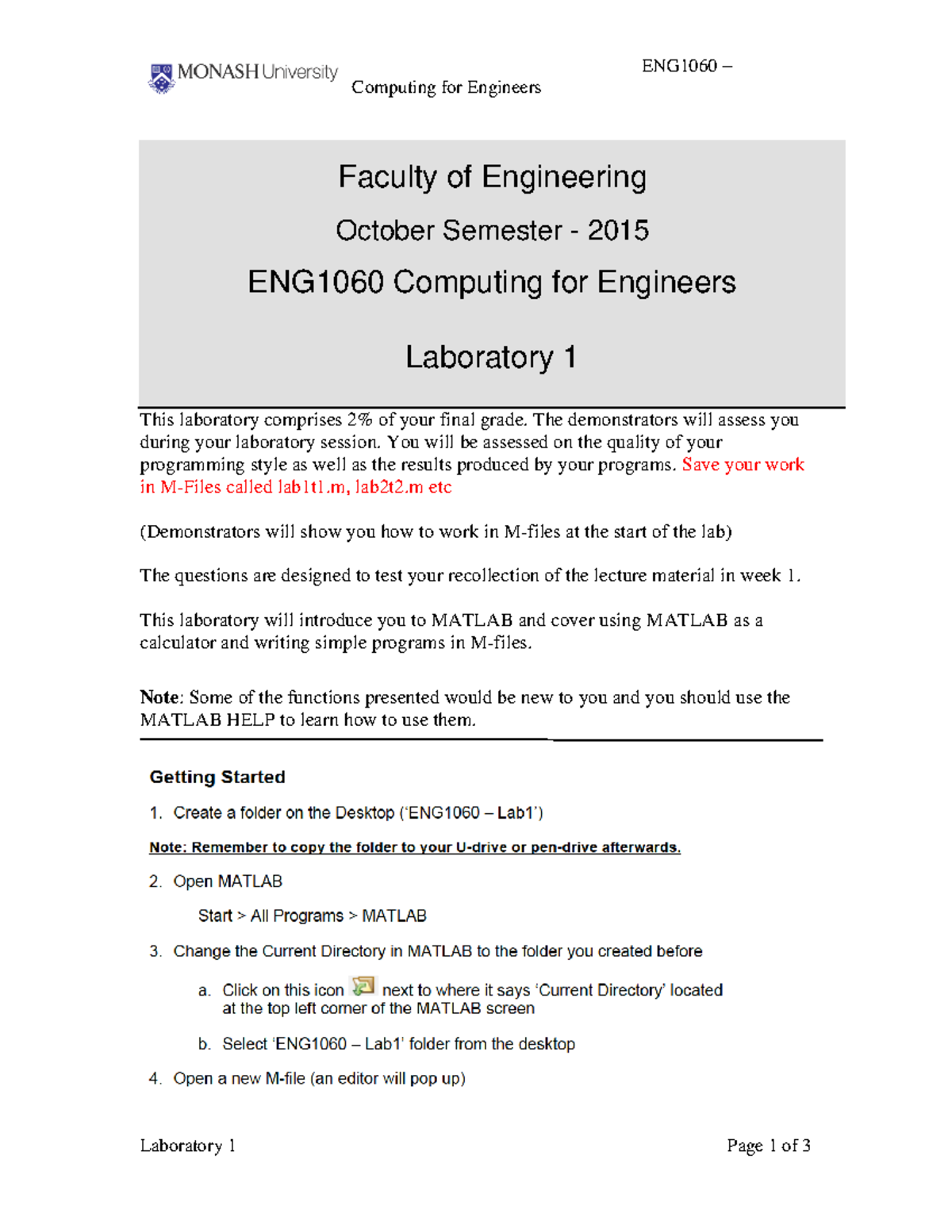 Lab1 - MATLAB Lab 1 - ENG1060 – Computing for Engineers Faculty of ...